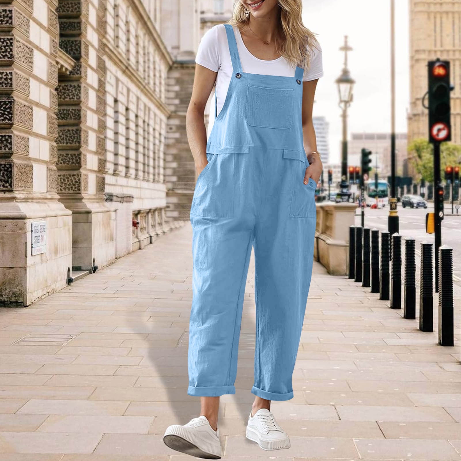 Linen Overalls for Women Loose Fit Baggy Bib Wide Leg Jumpsuits ...