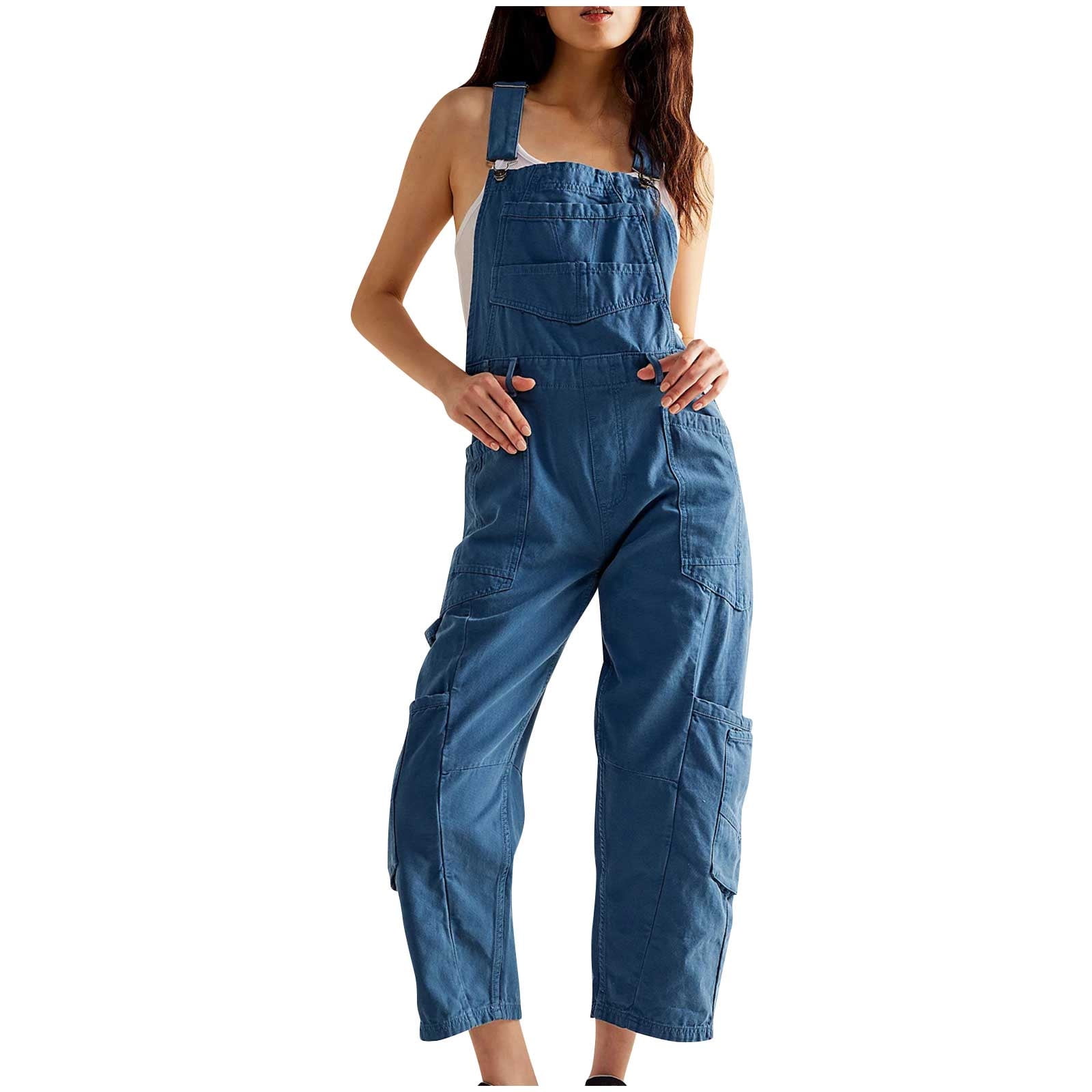 Mrat Linen Overalls Women's Trendy Denim Button Zipper Solid High Waist ...