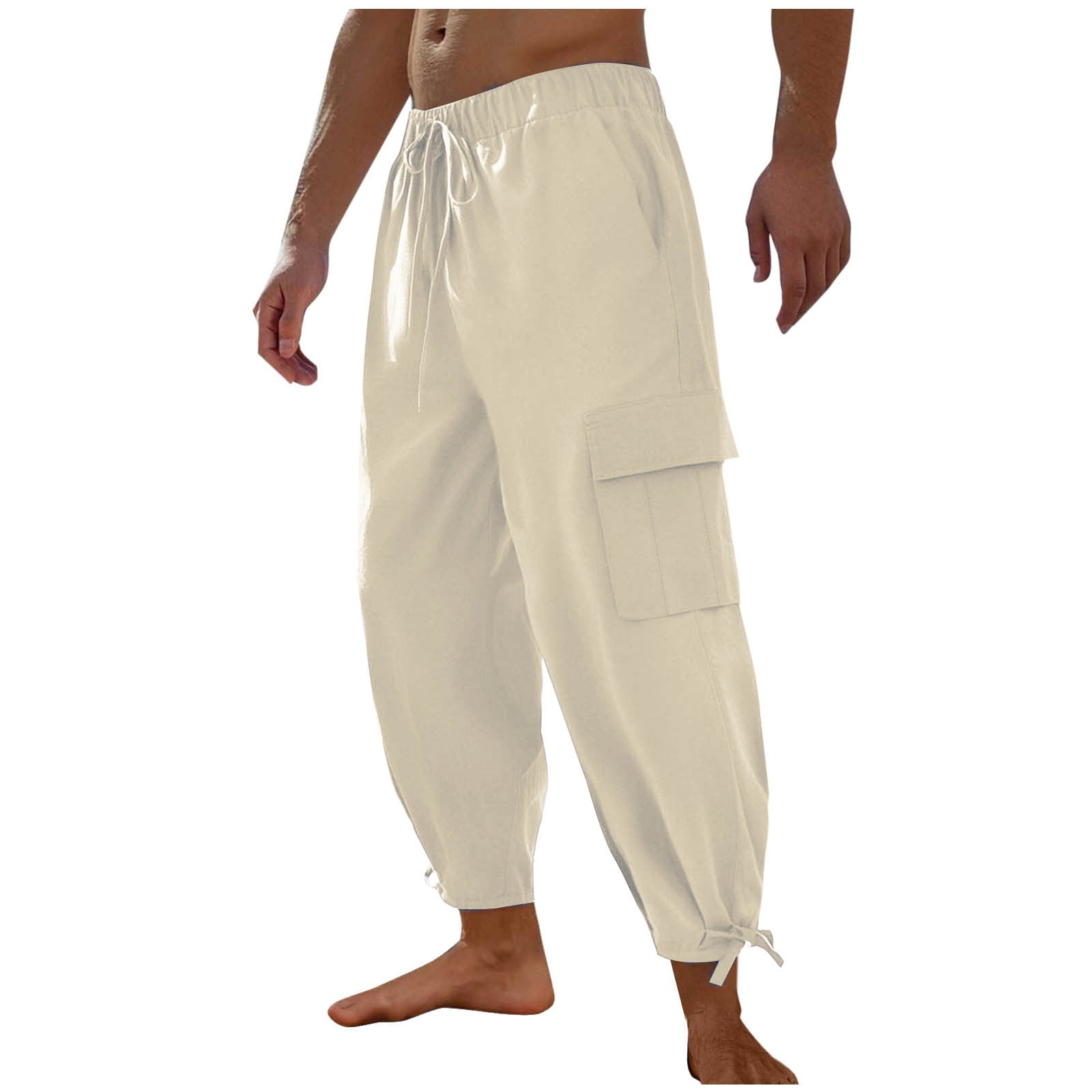 Linen Pants for Men Cargo Athletic Pants Drawstring New Elastic Waist ...