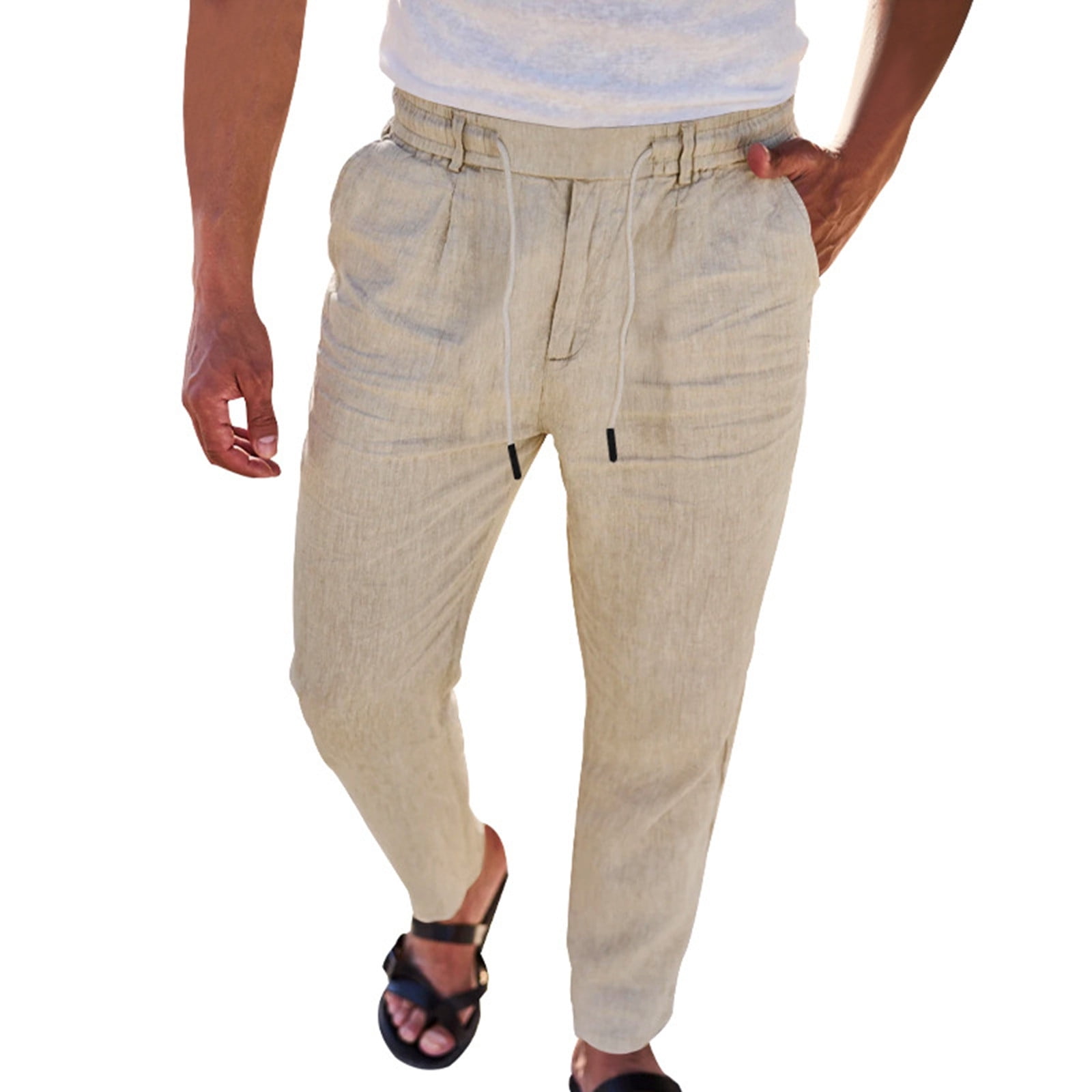 Linen Beach Pants Men Drawstring Mens Lightweight Pants Summer Color ...