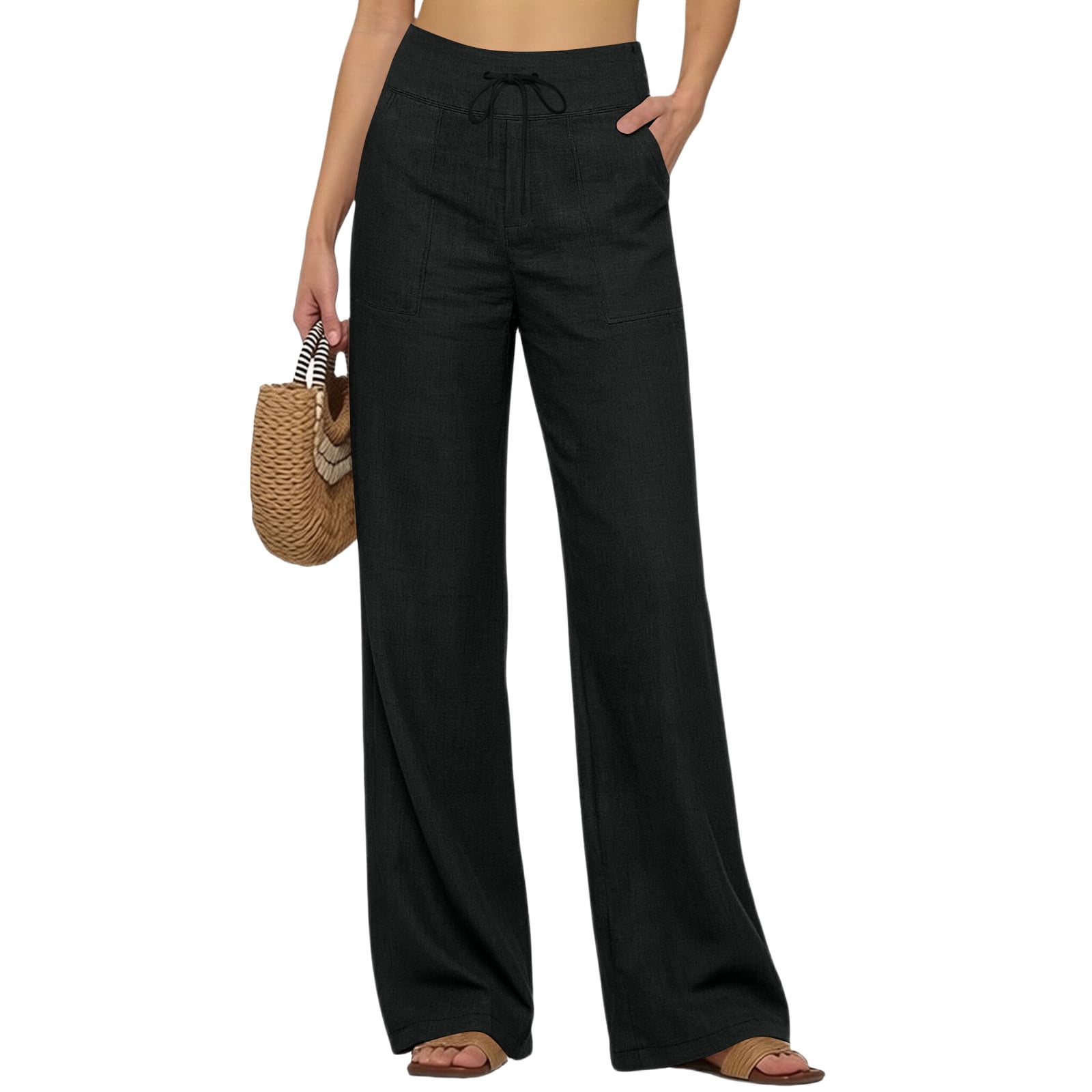 Linen Pants Women 2026 Summer Casual Pull On High Waist Straight Leg ...