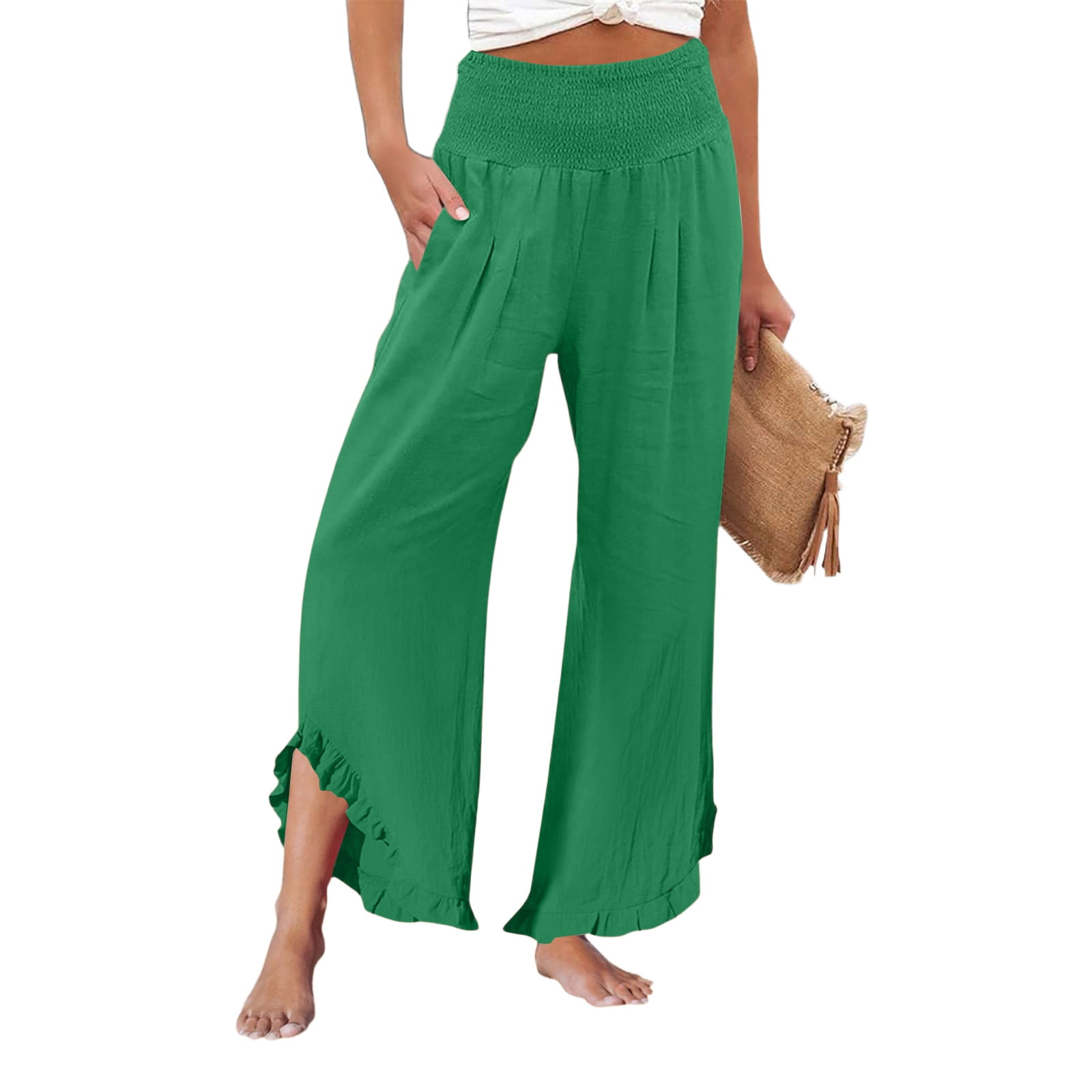 Linen Pants Women Boho High Waisted Flowy Ruffle Palazzo Pants Flowy ...