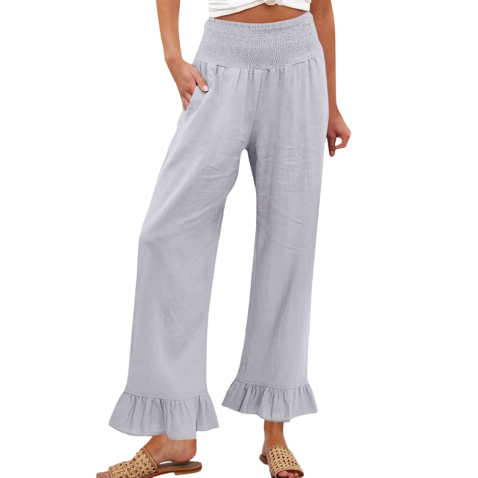 Linen Pants Women Boho Smocked High Waisted Flowy Ruffle Palazzo Pants ...