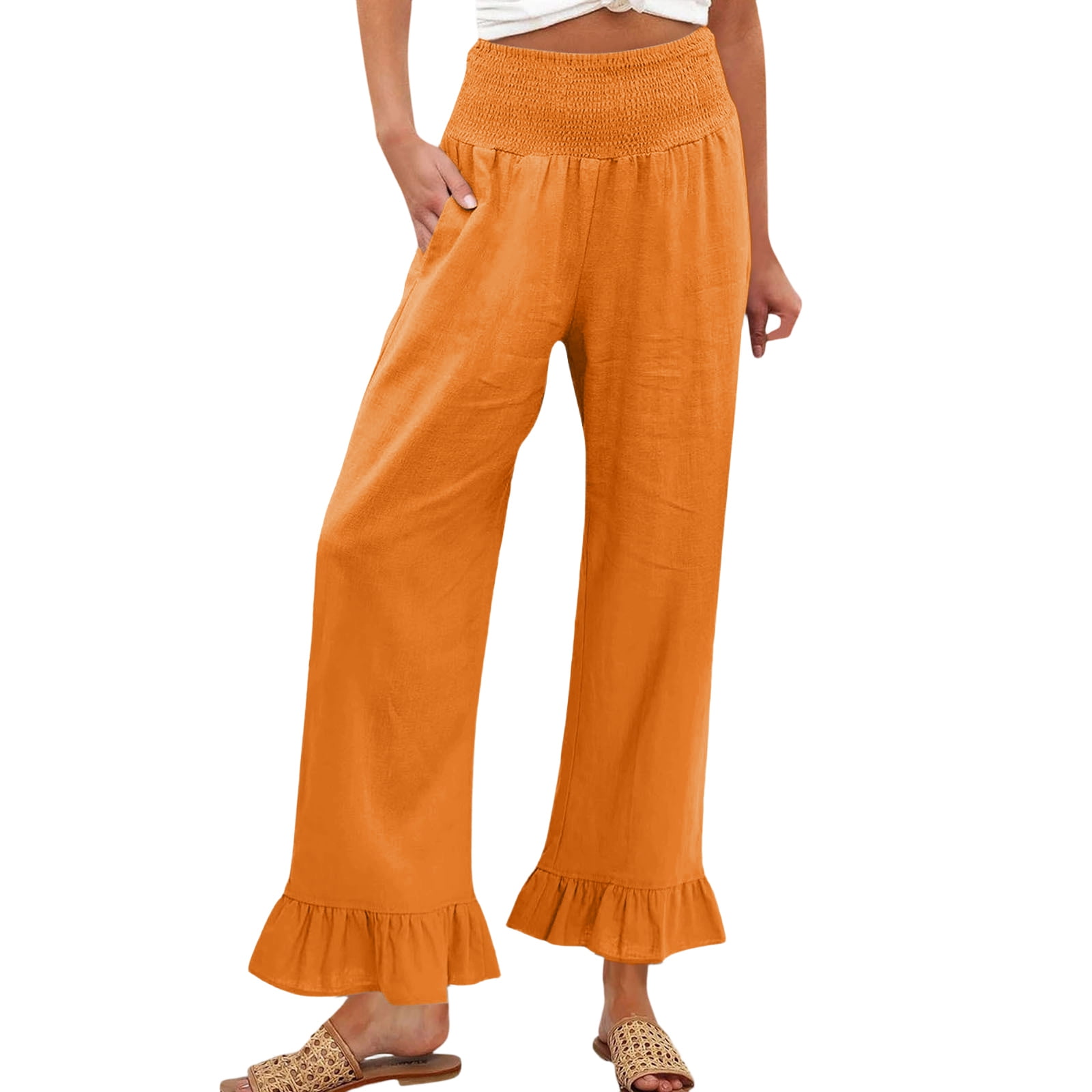 Linen Pants Women Boho Smocked High Waisted Flowy Ruffle Palazzo Pants ...