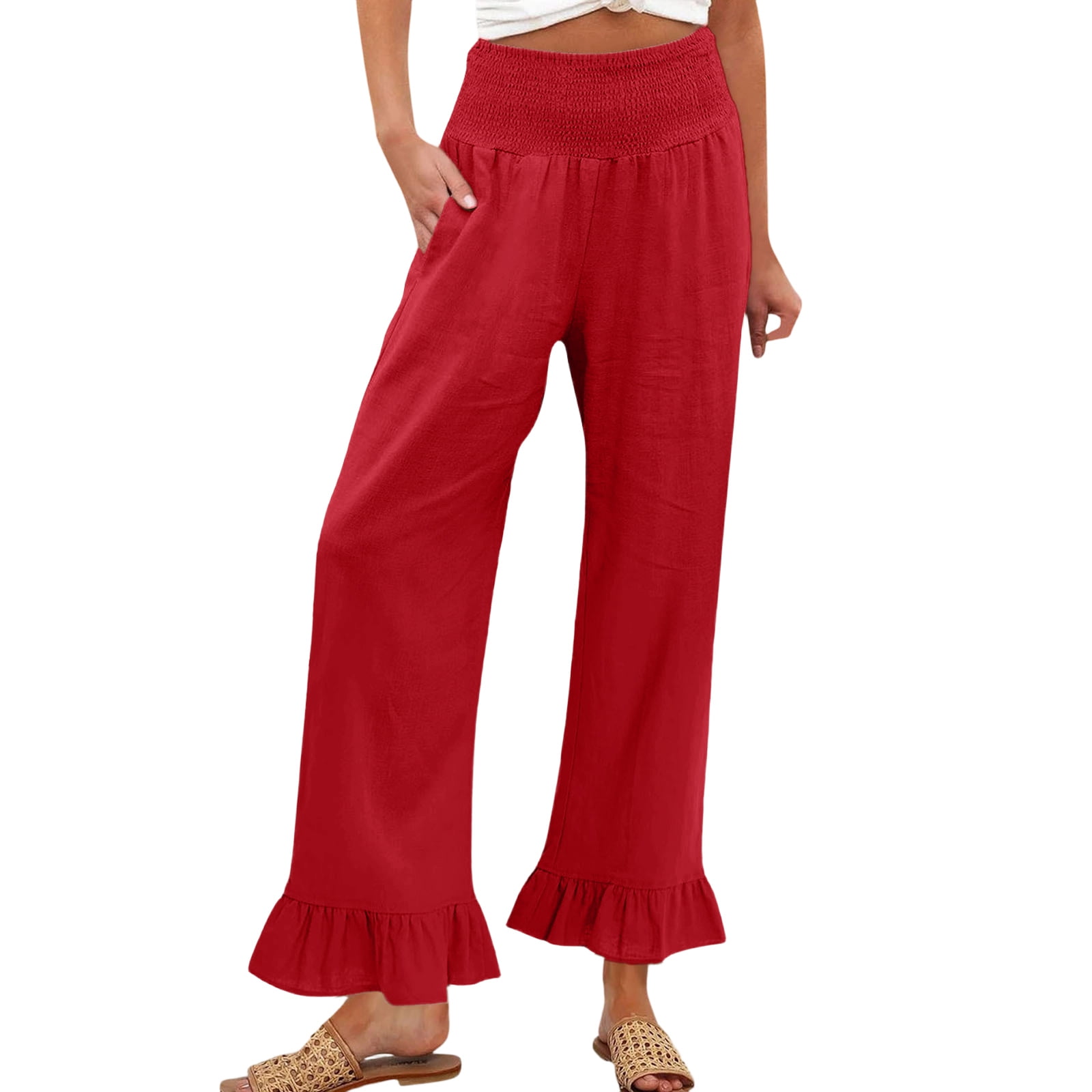 Linen Pants Women Boho Smocked High Waisted Flowy Ruffle Palazzo Pants ...