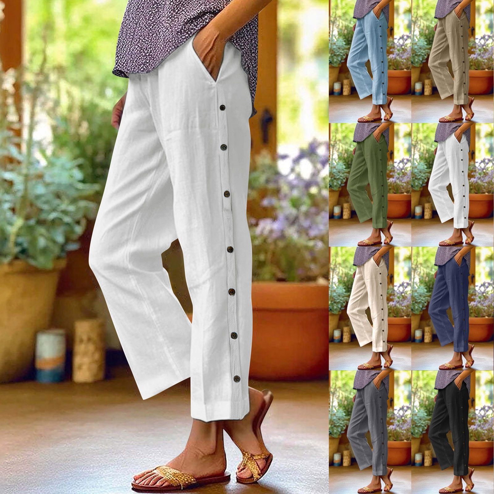 Linen Pants Women Elastic Waist Button Details Loose Fit Capris Trouser ...