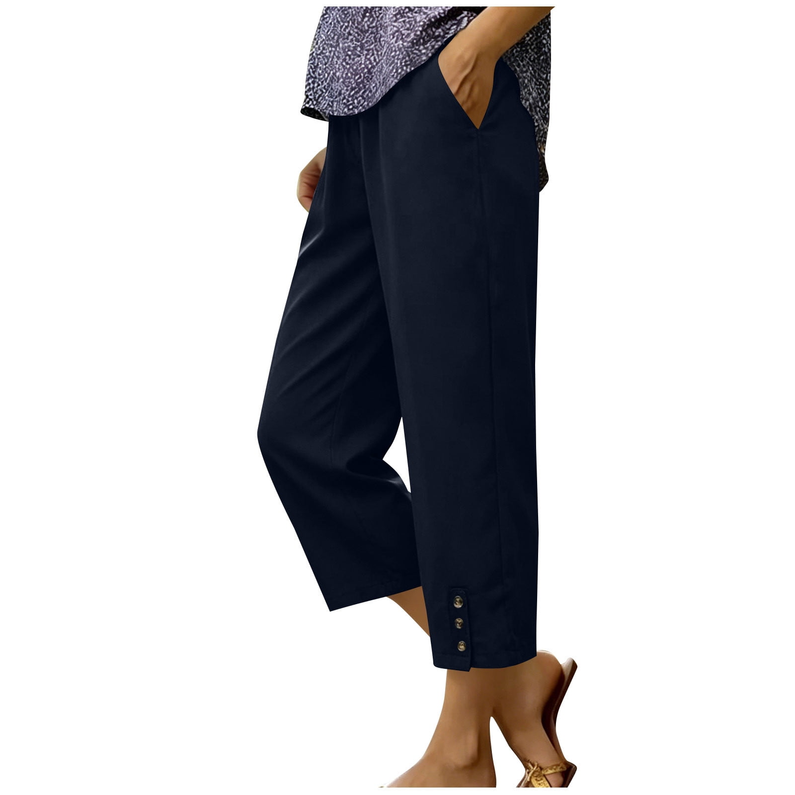 Linen Pants Women Elegant Button Side Slits Everyday Pants with Pockets ...