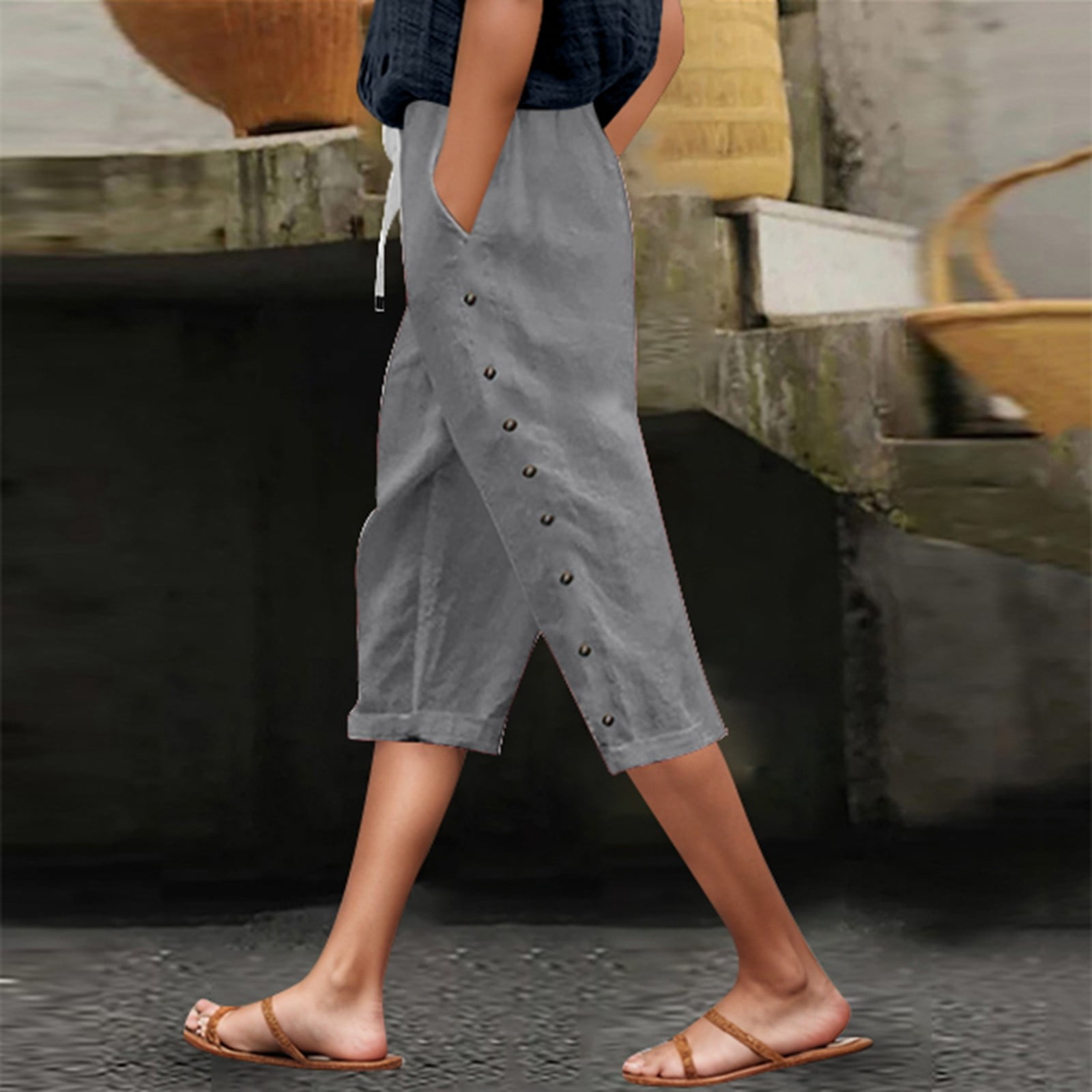 Linen Pants Women Lightweight Solid Tie Waist Side Button Pocket High ...