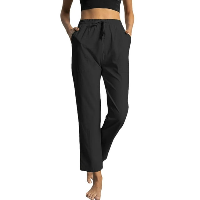 Linen Pants Women Summer Casual Pants Straight Leg Drawstring Elastic