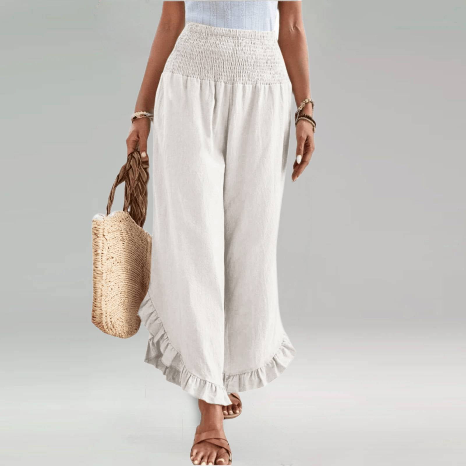 Linen Pants Women Wide Leg Palazzo Pants Smocked High Waisted Petite Pants Ruffle Hem Flowy ...
