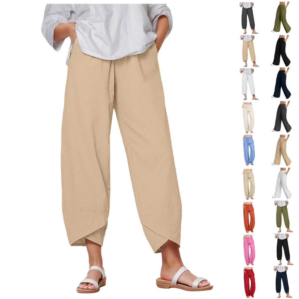 Linen Pants Women：Wide Leg Yoga Pants With Side Pockets Stretchy ...