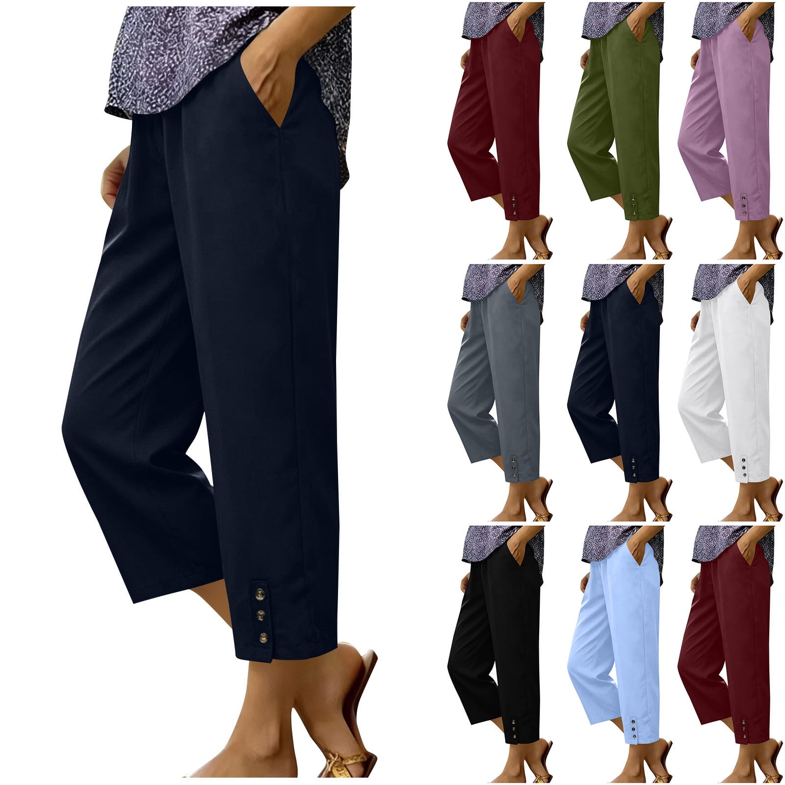 Linen Pants Women's Solid Color Linen Elastic Waist Pants With ...