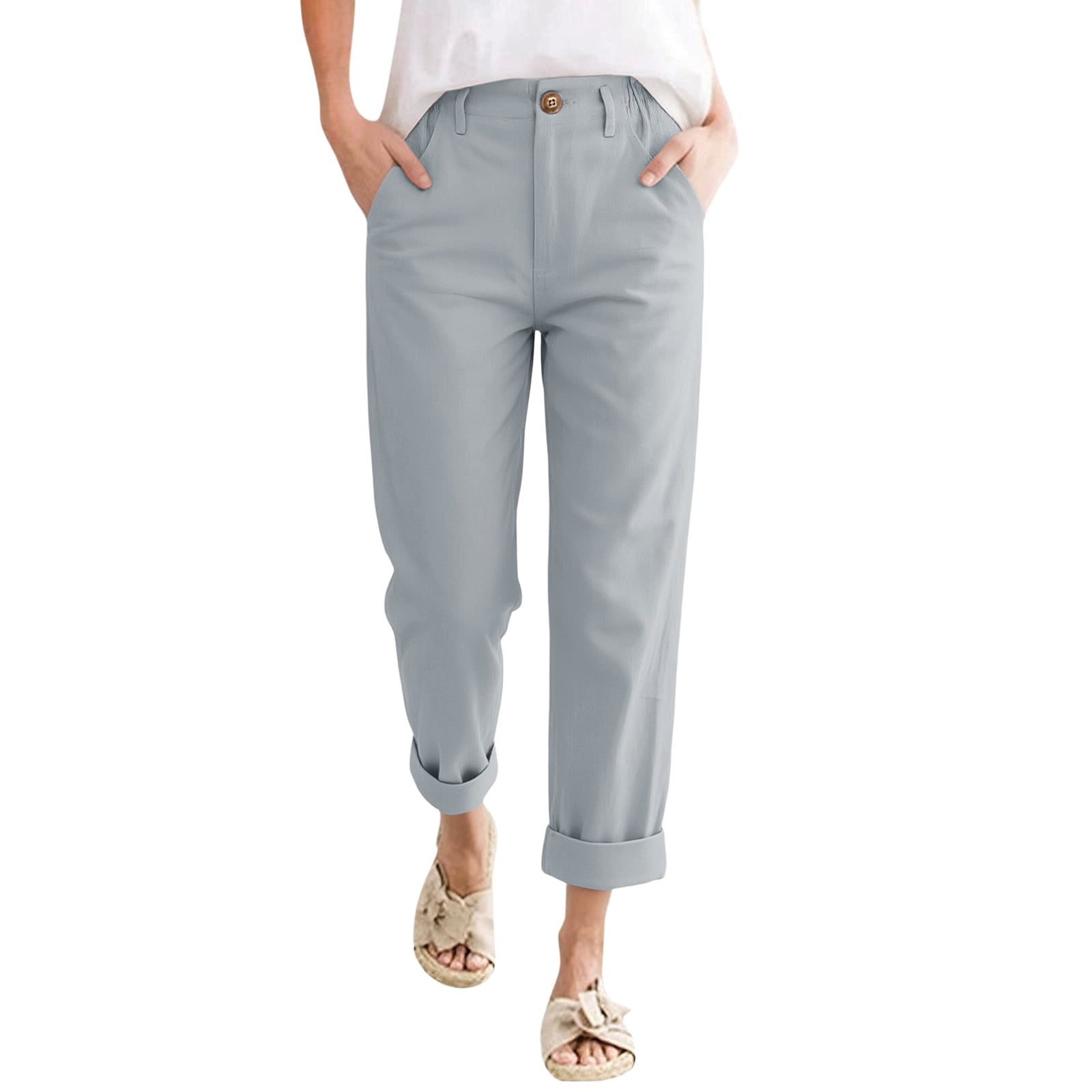 Linen Pants for Women Casual Summer Stretch Straight Leg Tapered Pants ...