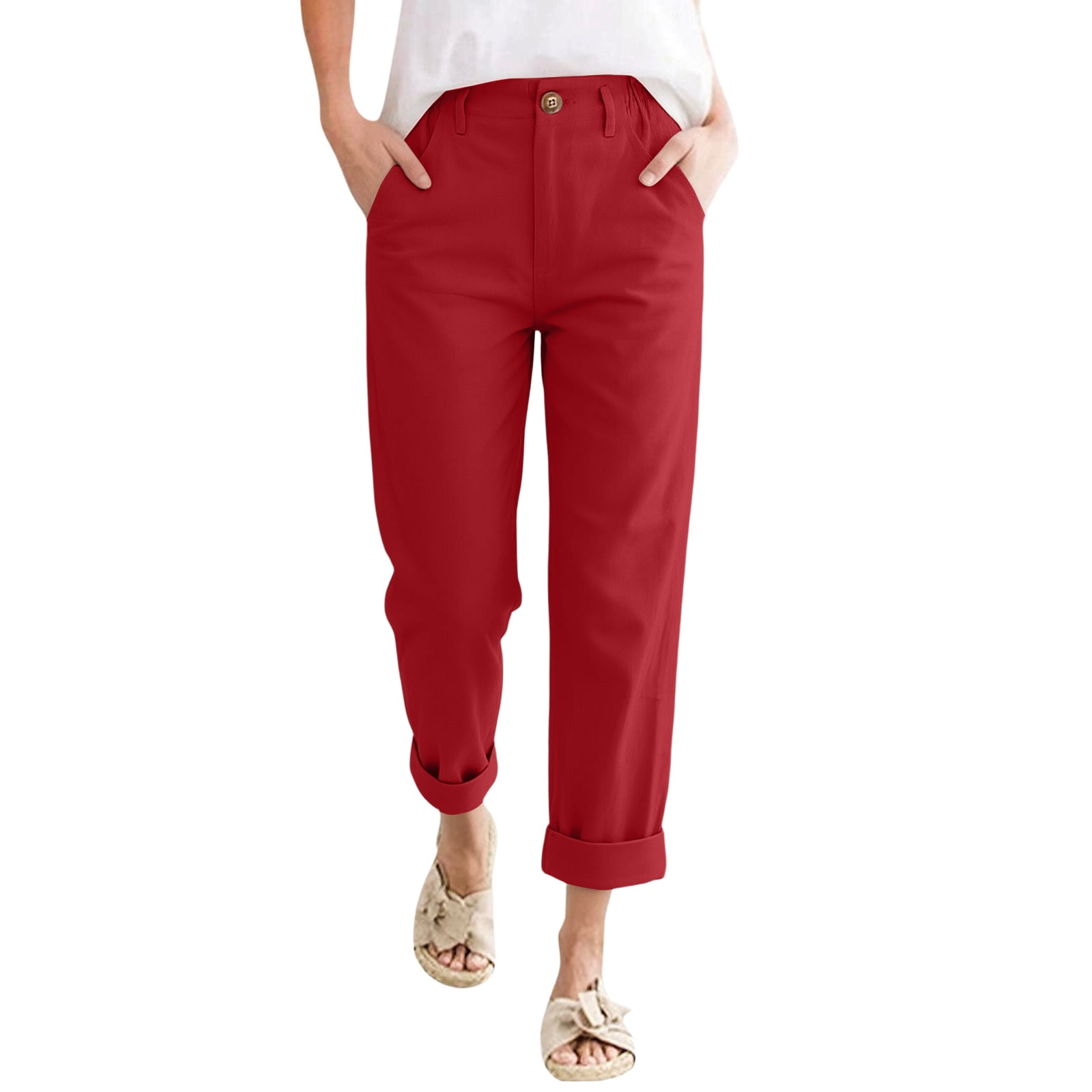 Linen Pants for Women Casual Summer Stretch Straight Leg Tapered Pants ...