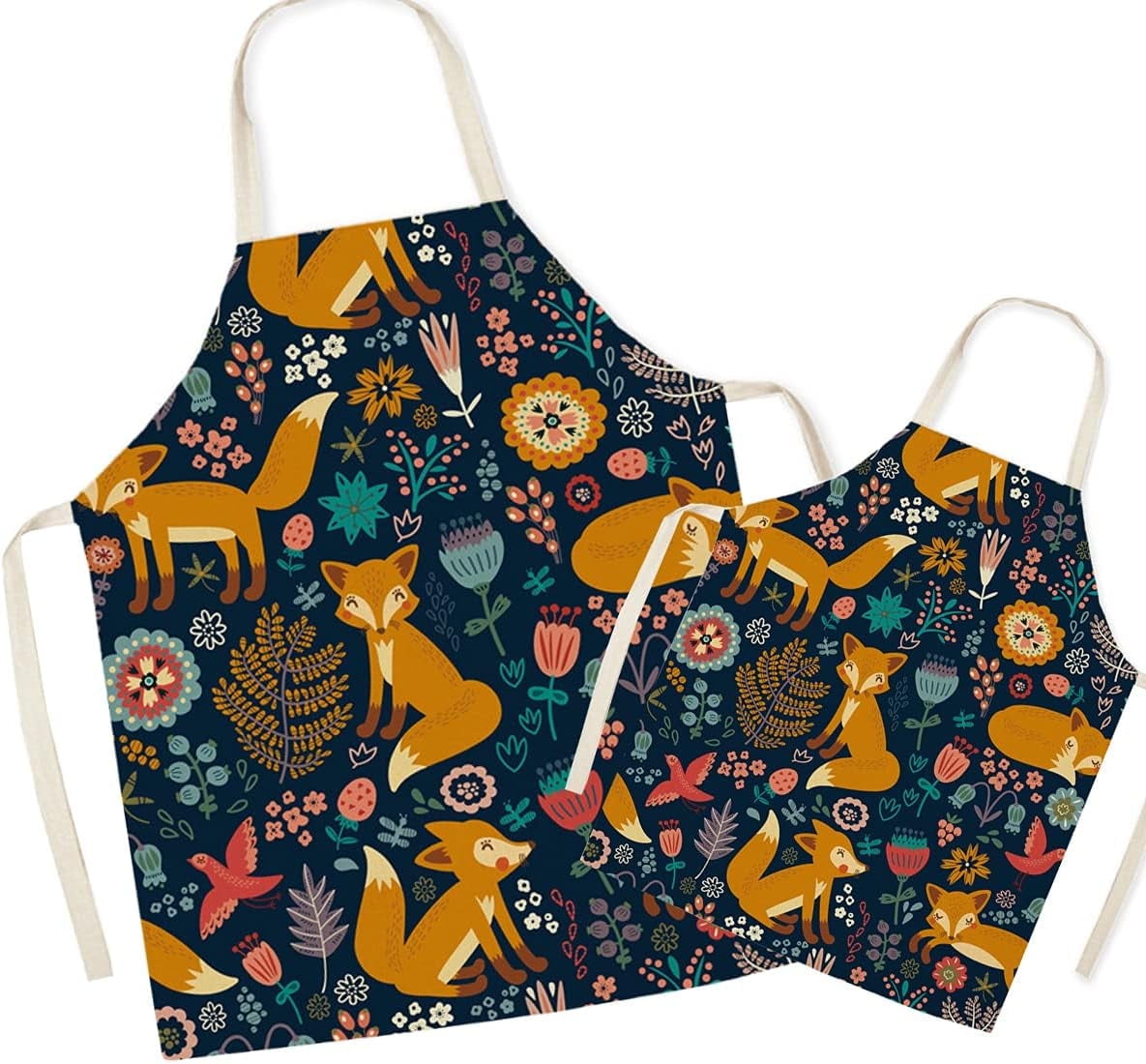 Linen Parent and Child Cooking Apron - Cute Fox Pattern Mum and Kids ...