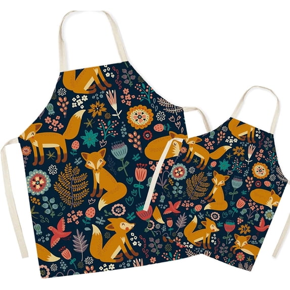 Linen Parent and Child Cooking Apron - Cute Fox Pattern Mum and Kids ...