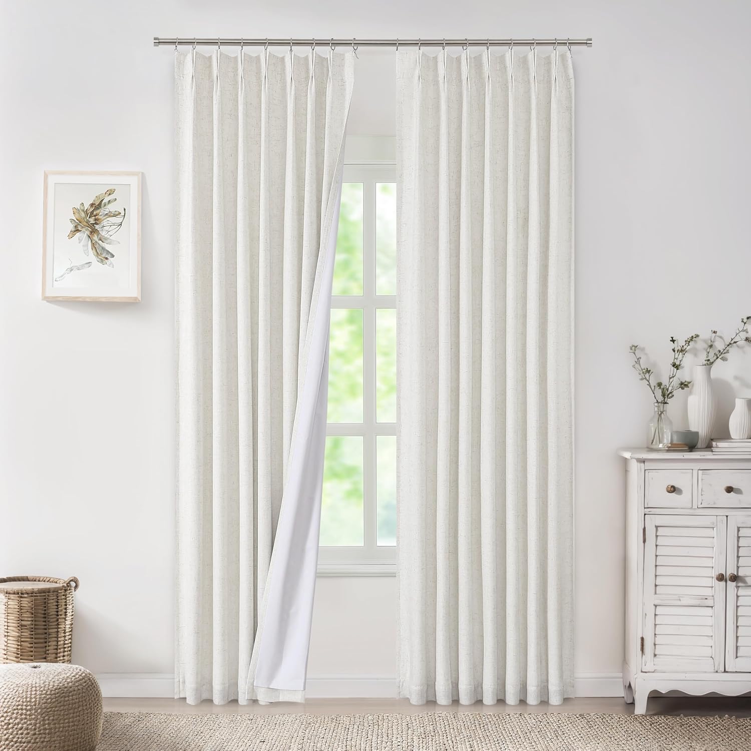 Linen Pinch Pleat 100 Full Blackout Curtains 84 Inches Length,Modern Rustic Textured Panels with ...