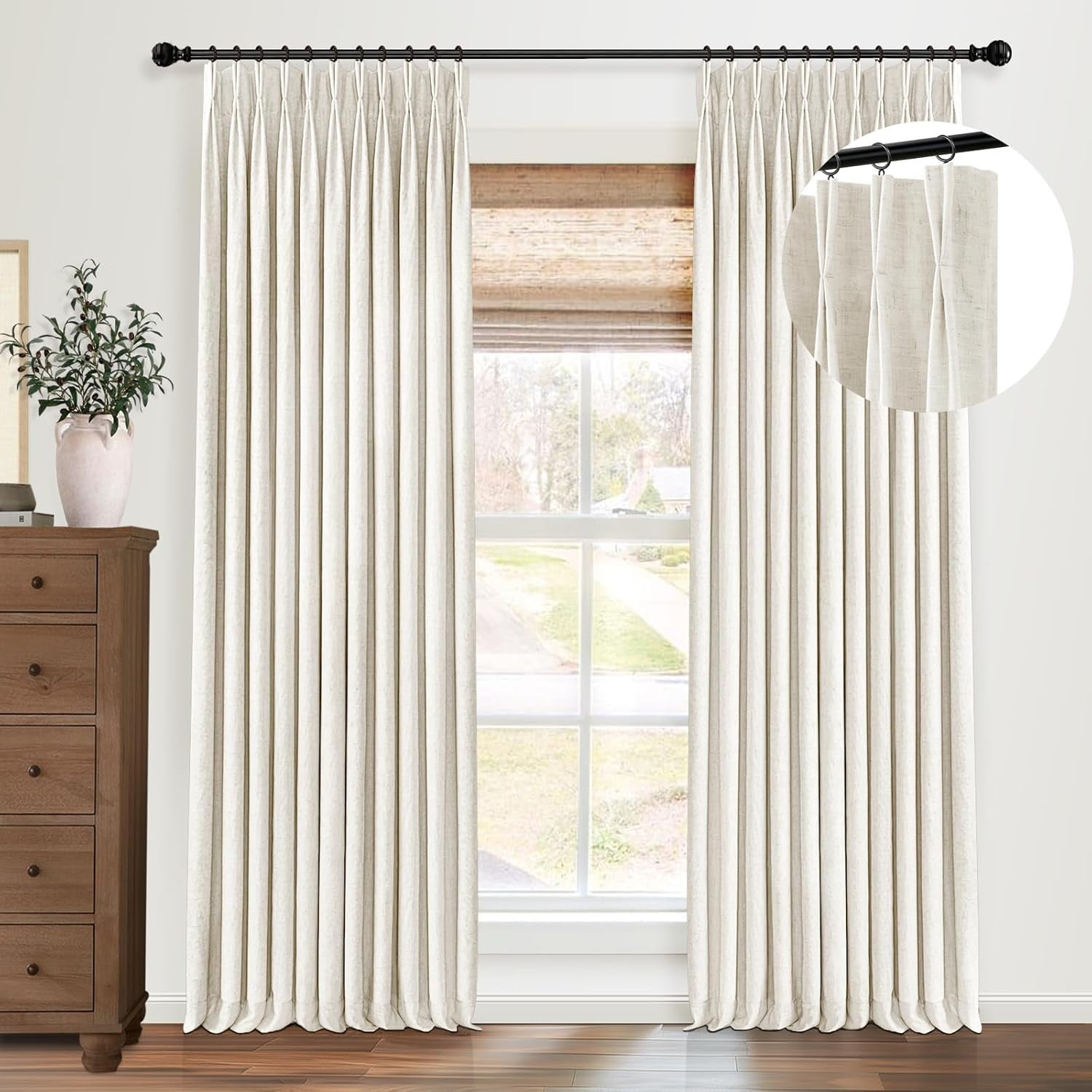 Linen Pinch Pleated Curtains 100% Blackout Curtains Pinch Pleat Curtains 120 Inches Long 2 ...