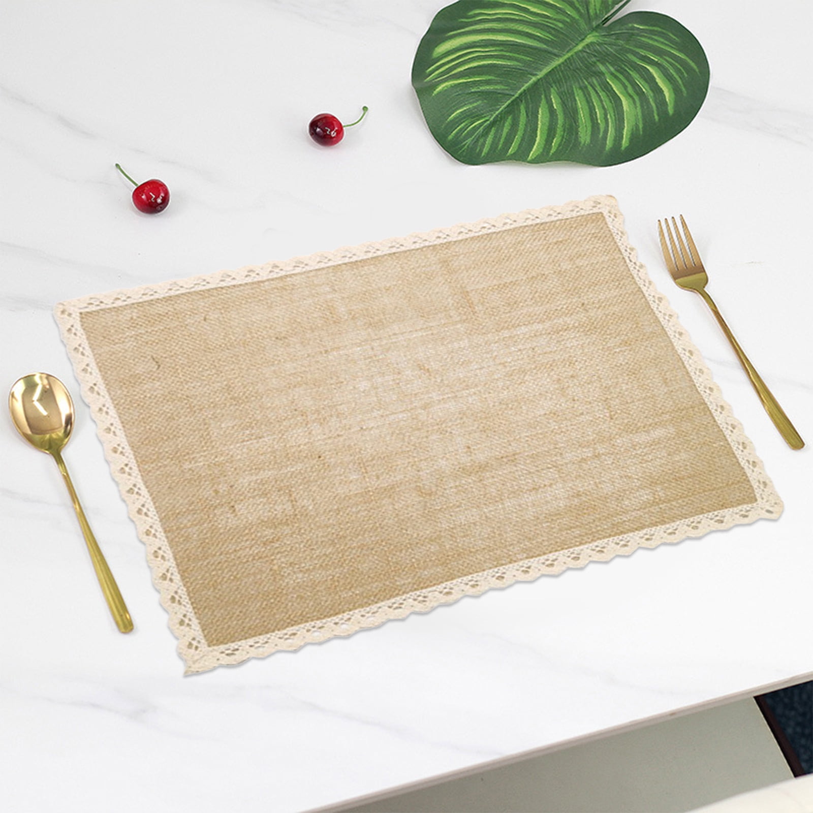Linen Placemat-30x40cm Beige Jute Weaving Lace Placemat Heat- & Easy to ...