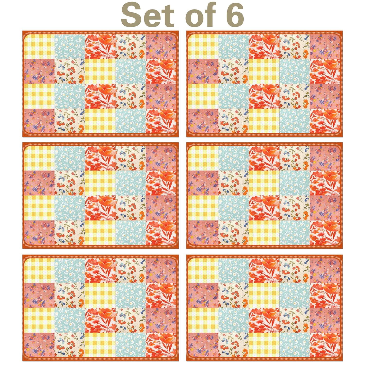 Linen Placemats Set Of 6 11.8x17.7 Inch,Pioneer Colorful Flowers Fabric ...