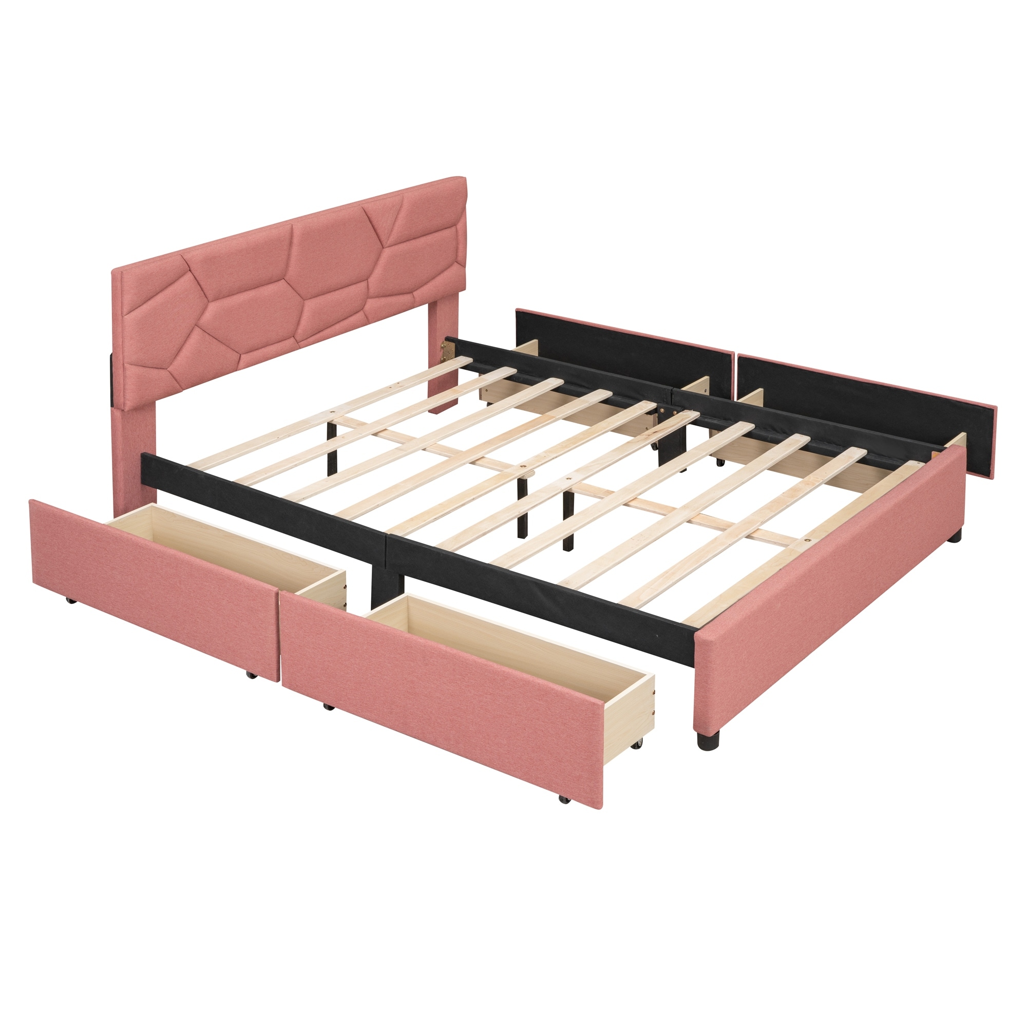 Linen Platform Bed with Brick Pattern Heardboard and 4 Drawers Pink ...