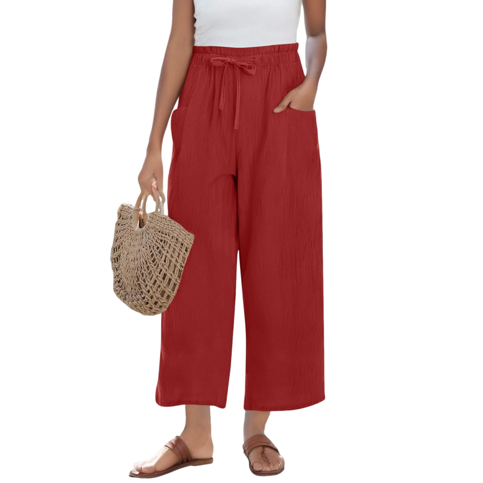 Linen Red Crop Pants for Women Lightweight High Waist Drawstring Bell ...