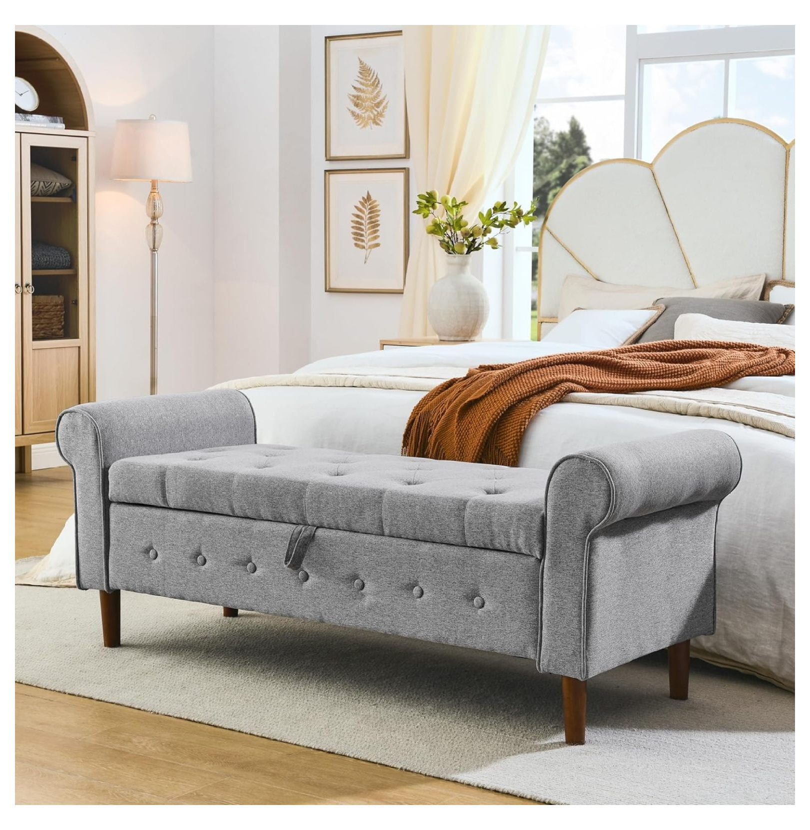 Linen Rolled Arm Storage Ottoman for Bedroom,62" Long Bed End Ottoman ...