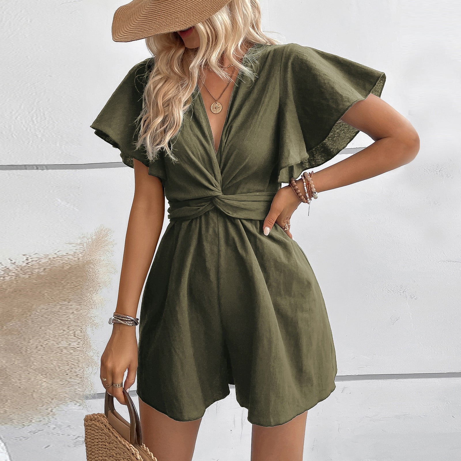Linen Rompers for Classy Women Wrap V Neck Belt Tie Flutter Sleeve High Waist Short Jumpsuits ...