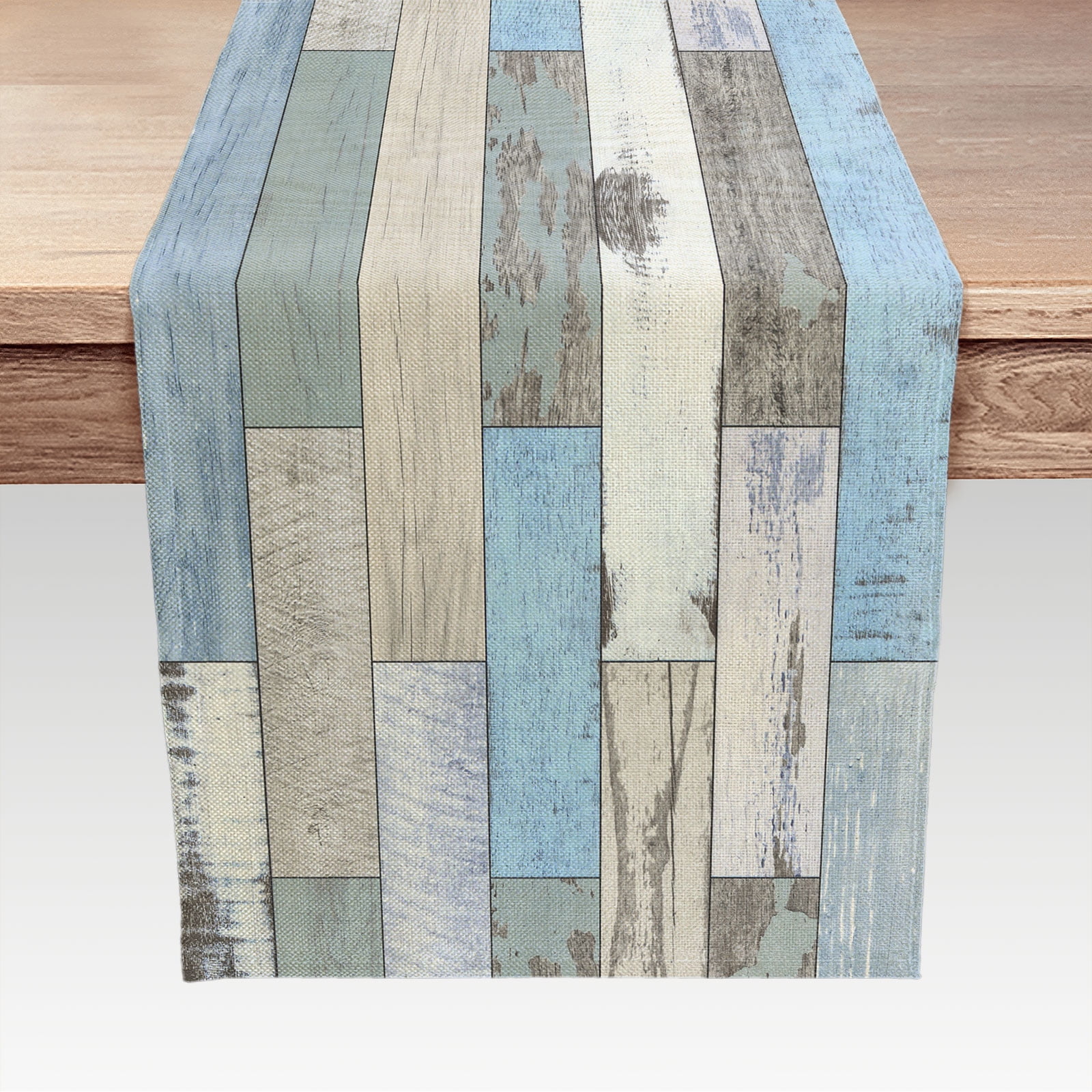 Linen Rustic Table Runners, Retro Farm Barn Wood Grain Blue and Gray ...