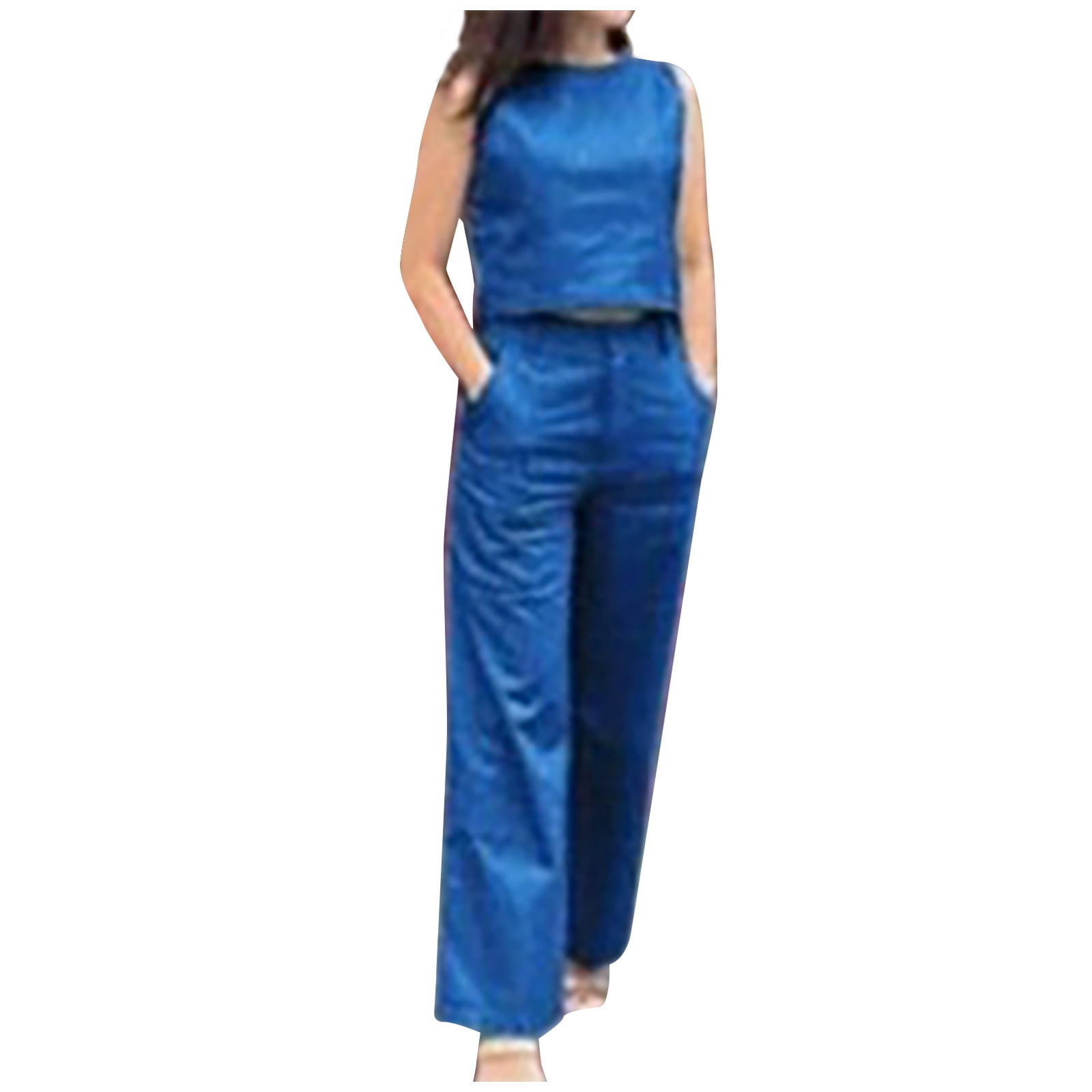 Linen Set for Women Scoop Neck Sleeveless Crop Tops Loose Straight Leg ...