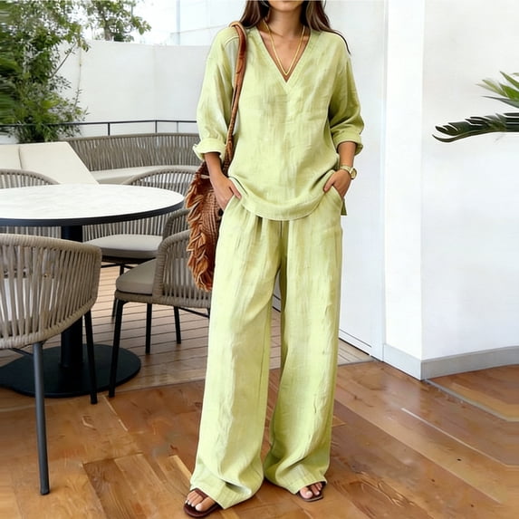Linen Sets For Women 2 Piece Long Sleeve V Neck Linen Shirts Matching ...
