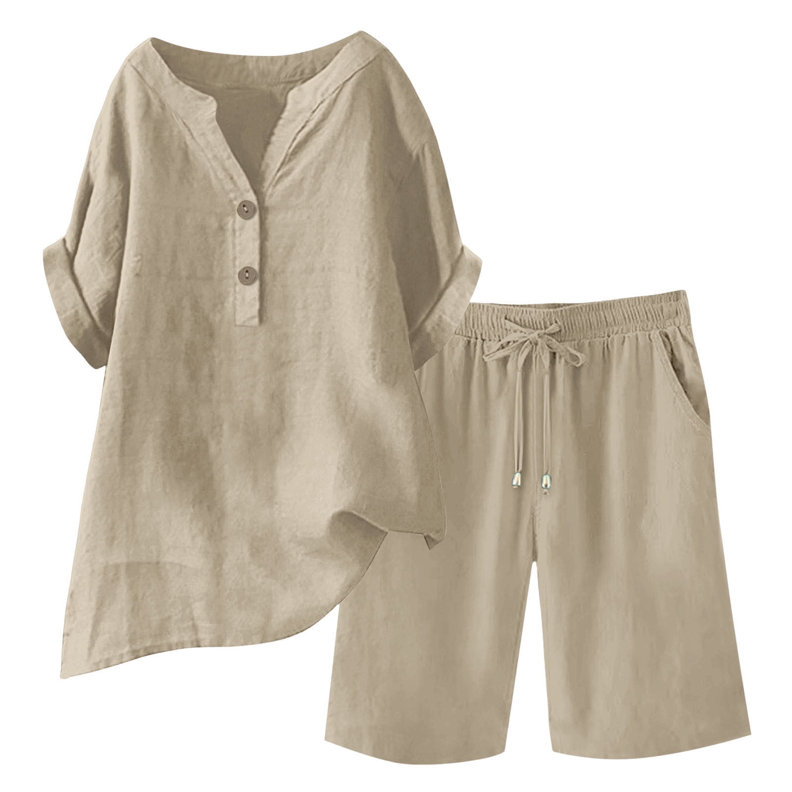 Linen Sets for Women 2 Piece Short Sleeve Shirts & Wide Leg Shorts ...