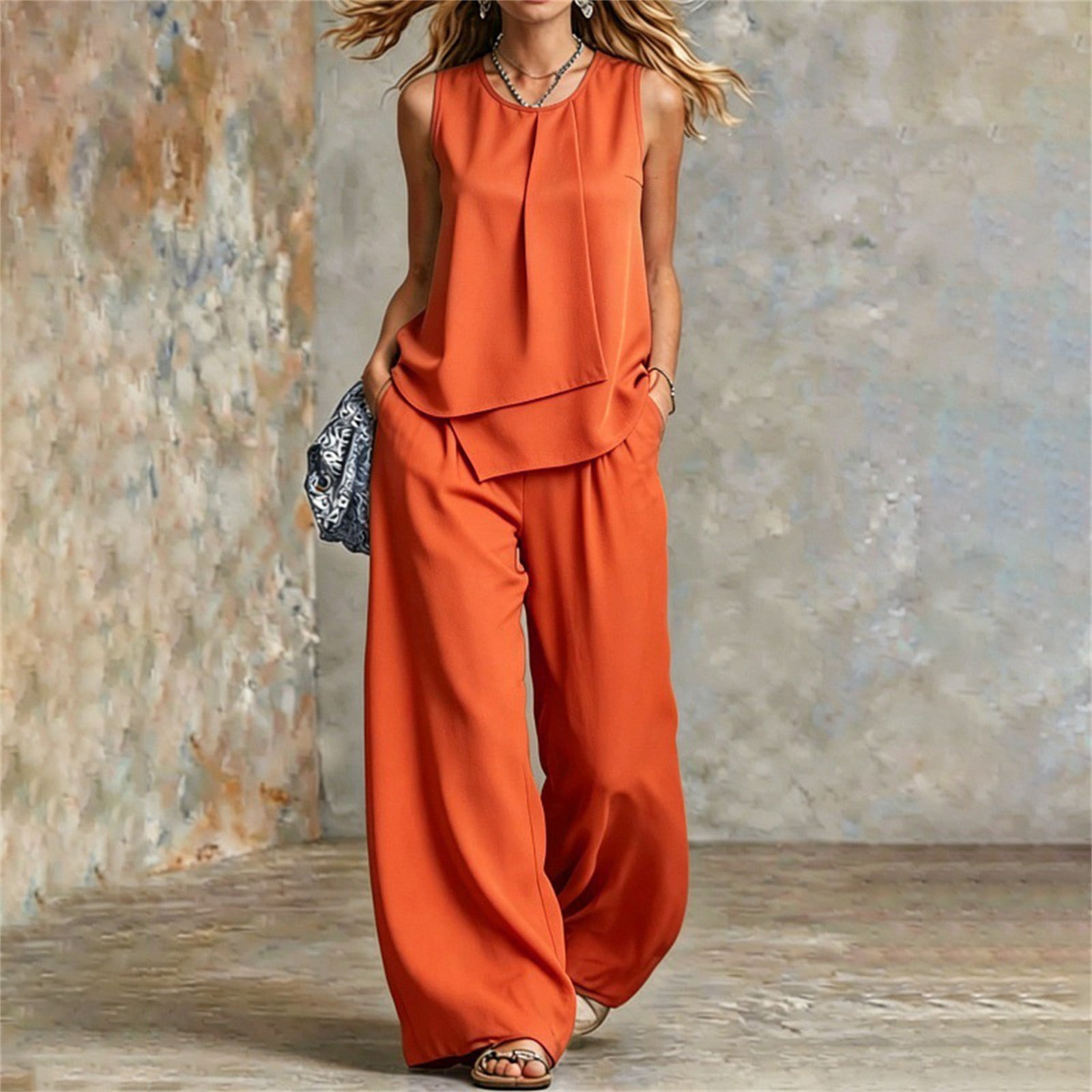 Linen Sets for Women 2 Piece Sleeveless Asymmetrical Tank Tops Wide Leg ...