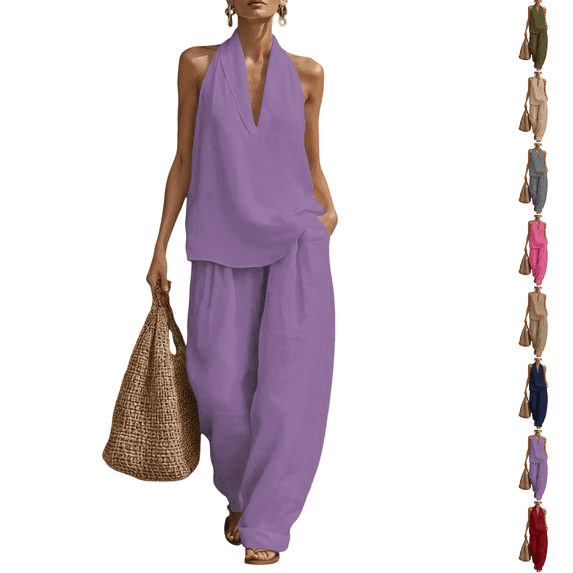 Linen Sets for Women 2 Piece Outfits Summer Sleeveless V Neck Halter ...