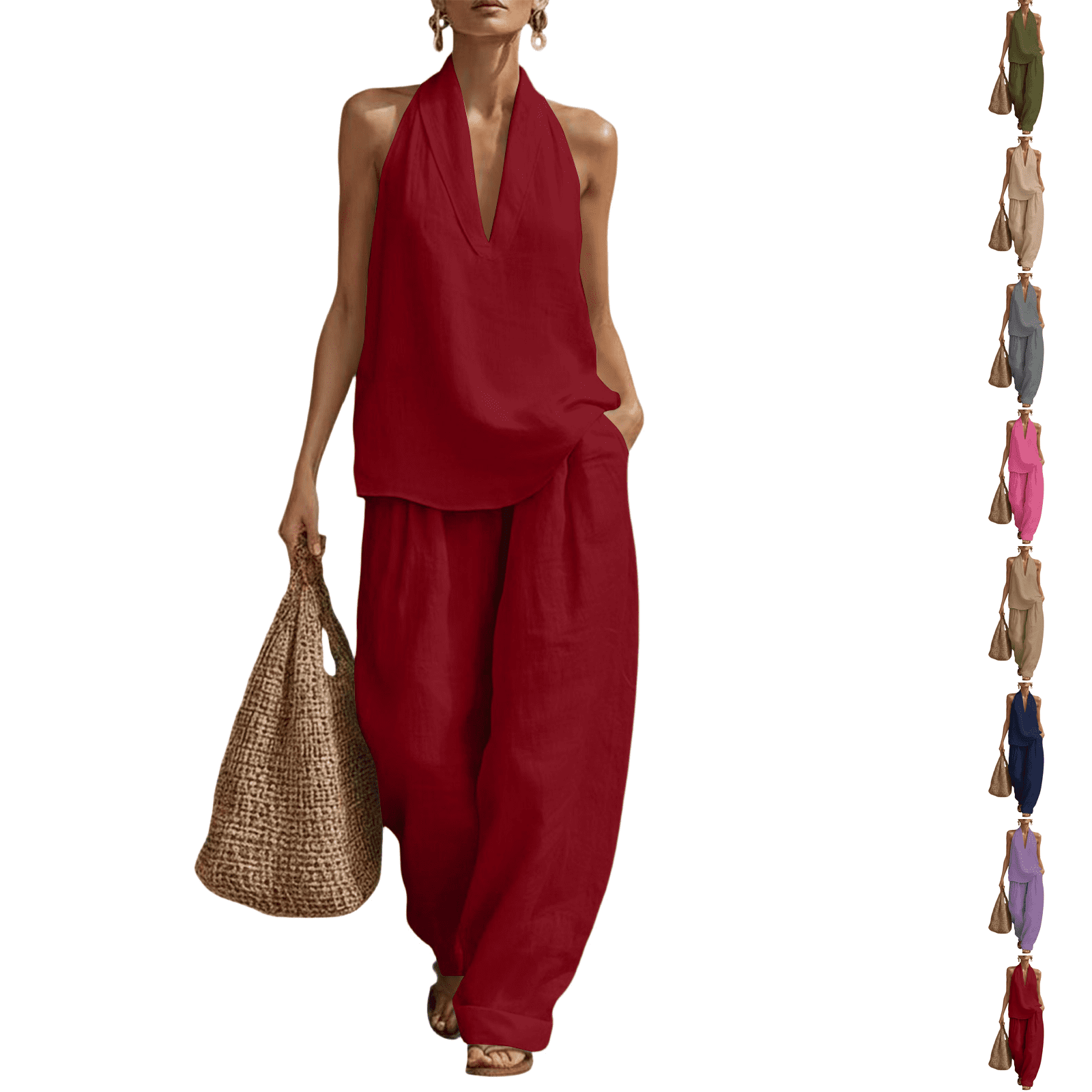 Linen Sets for Women 2 Piece Outfits Summer Sleeveless V Neck Halter ...
