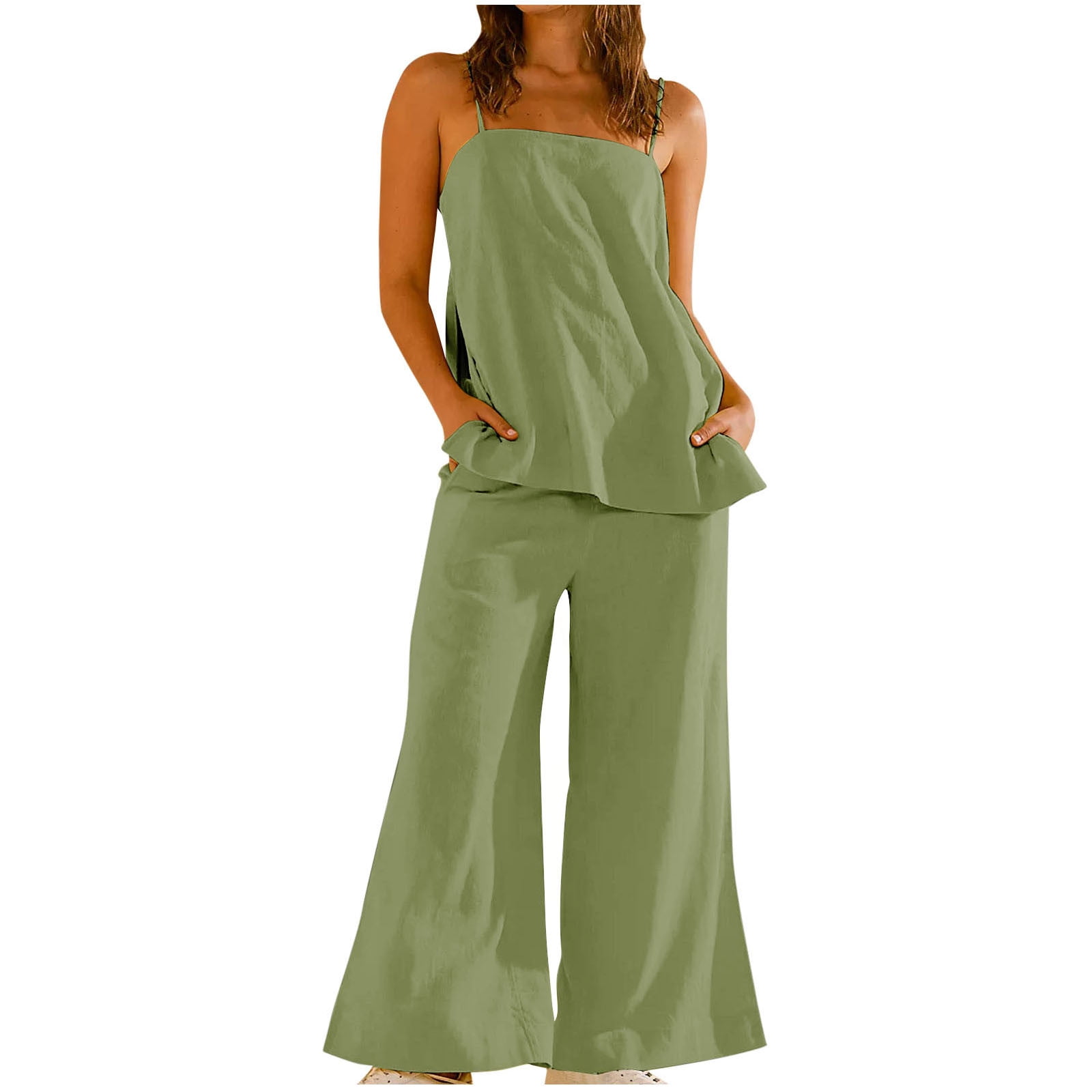 Linen Sets for Women 2 Piece Pants Summer Outfits Matching Lounge Sets ...