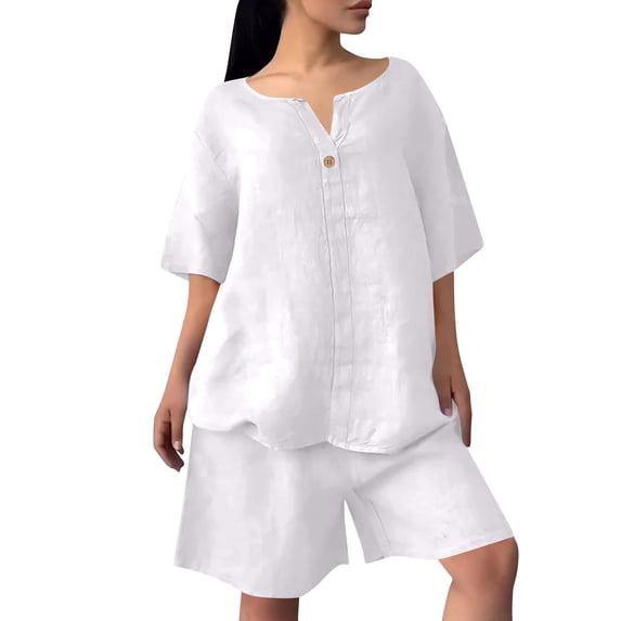 Linen Sets for Women 2 Piece Plus Size Outfits Half Length Tops and ...