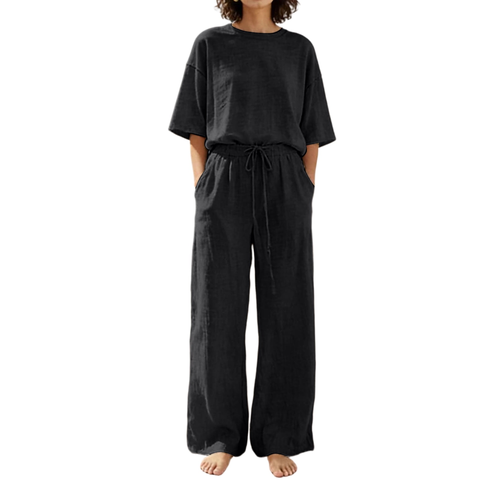 Linen Sets for Women 2 Piece Short Sleeve Cotton Linen Tops and Wide ...