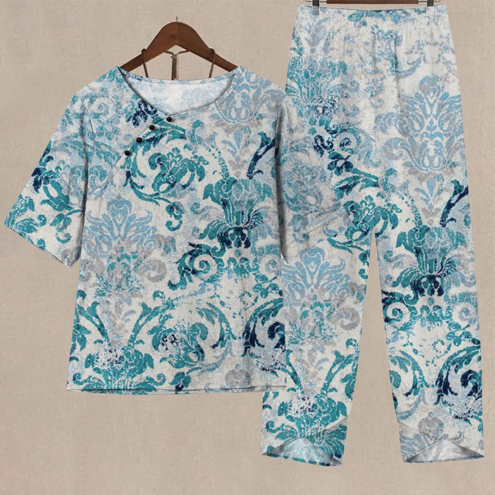 Linen Sets for Women 2 Piece Women's Summer Printed Half Sleeve Round ...