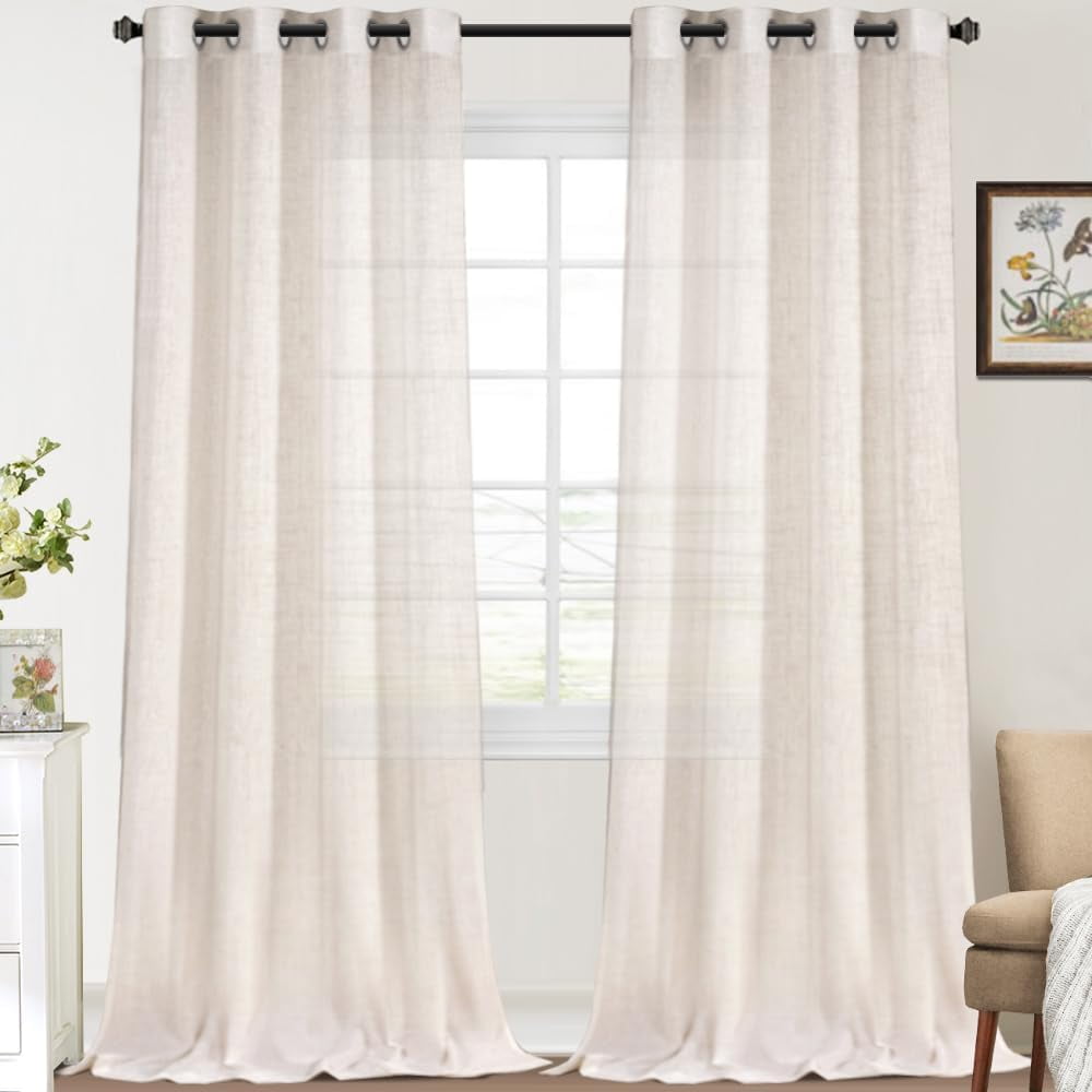 Linen Sheer Curtains 108 Inch Length 2 Panels Set Light Filtering ...