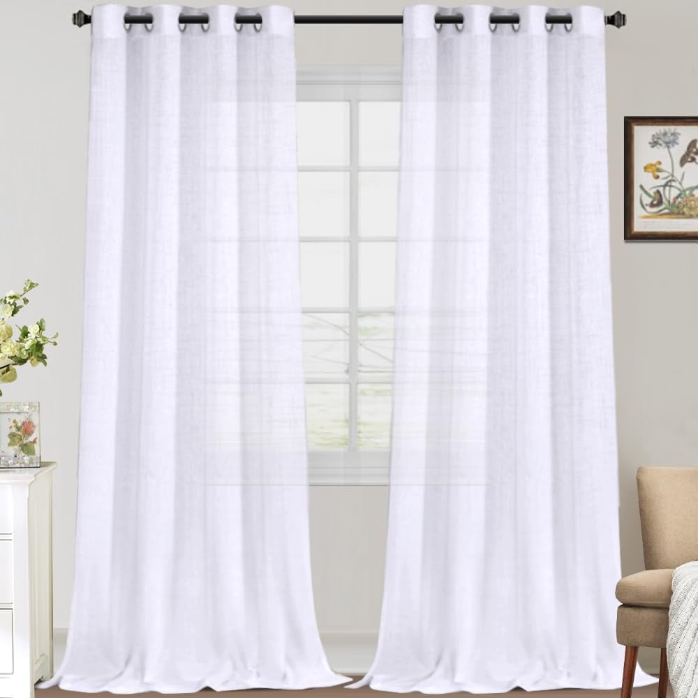 Linen Sheer Curtains 108 Inch Length 2 Panels Set Light Filtering ...
