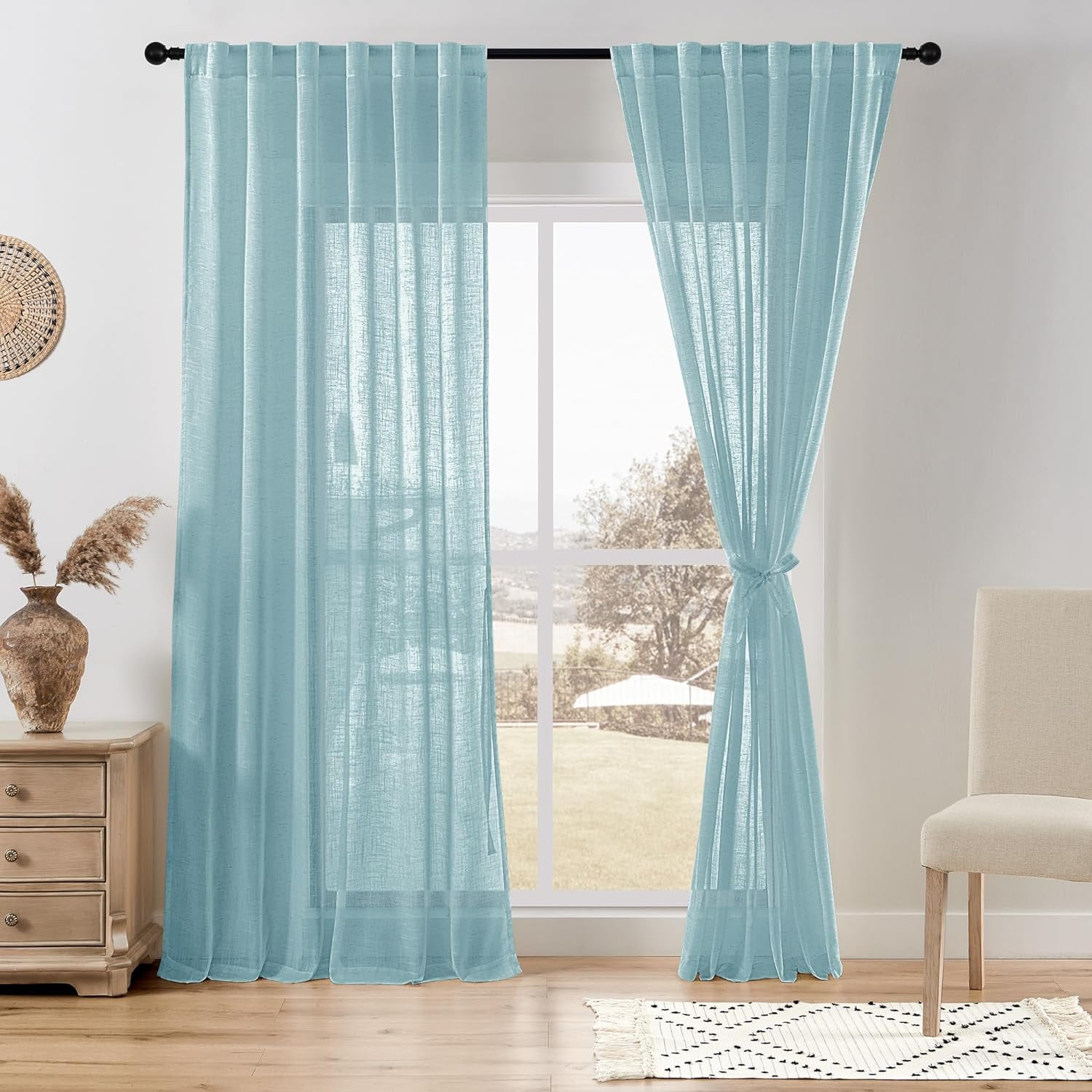 Linen Sheer Curtains, Rod Pocket & Back Tab Linen Texture Semi-Sheer ...