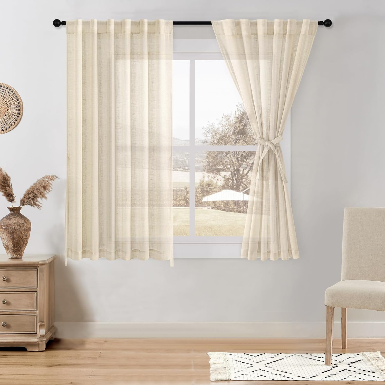 Linen Sheer Curtains, Rod Pocket & Back Tab Linen Texture Semi Sheer ...