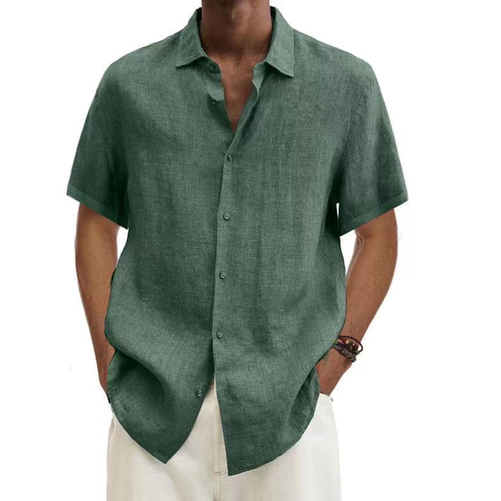 Linen Shirt for Men,Men's Short Sleeve Button Up Linen Shirts Big and Tall Lightweight Summer ...