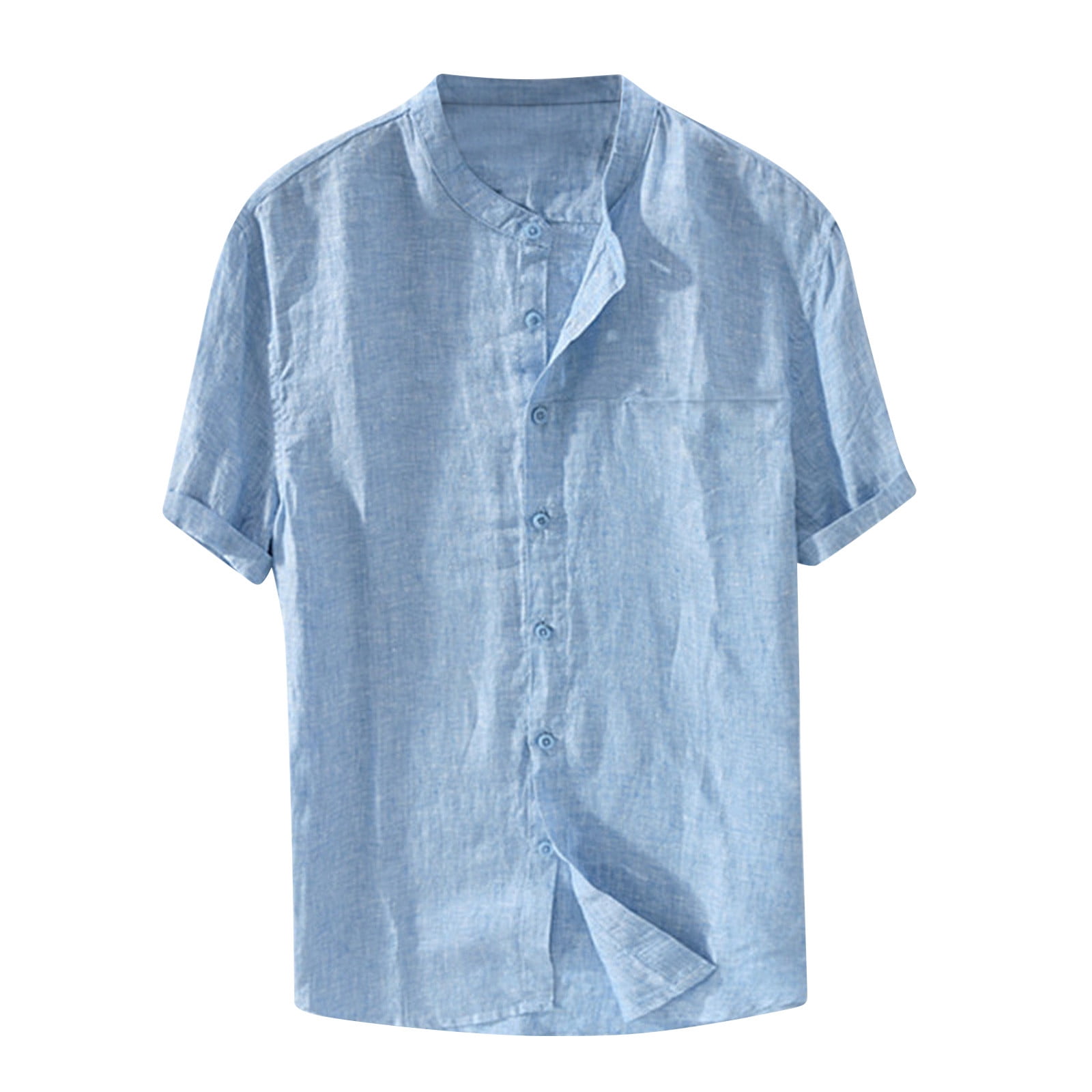 Linen Shirt for Men Collarless Button Down Short Sleeve Shirts Cotton ...