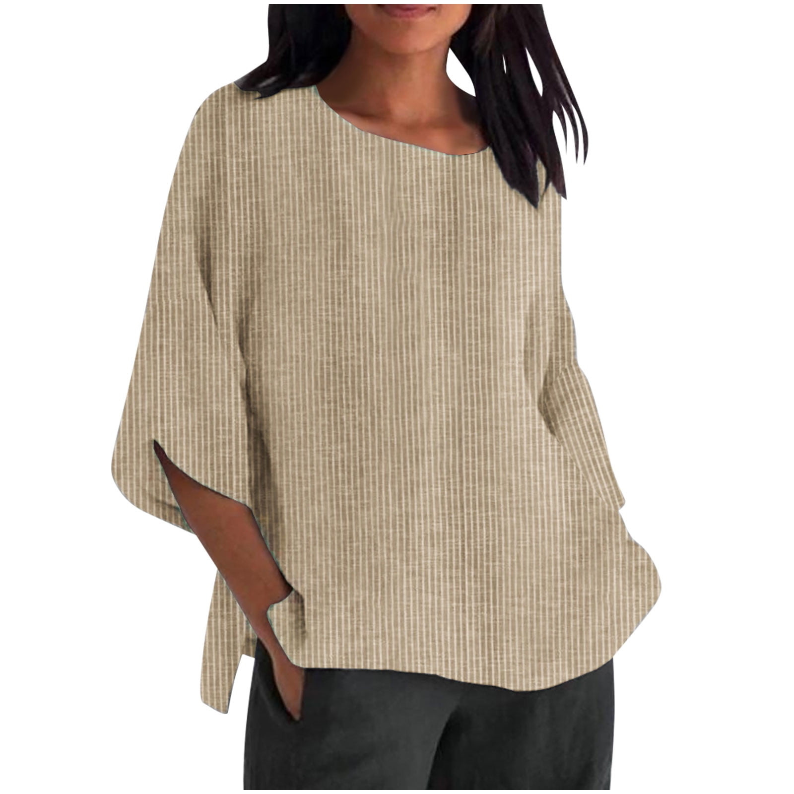 Linen Shirt for Women 3/4 Sleeve Crew Neck Solid Plus Size T Shirts ...