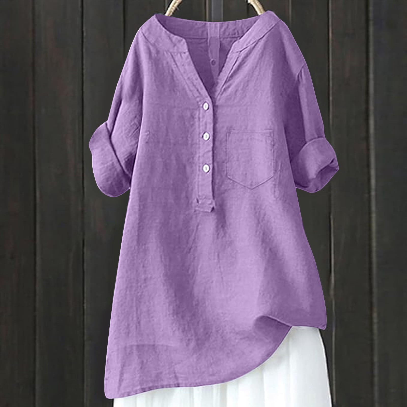 Linen Shirts for Women 2026 Short Sleeve V Neck Button Down Loose Fit ...