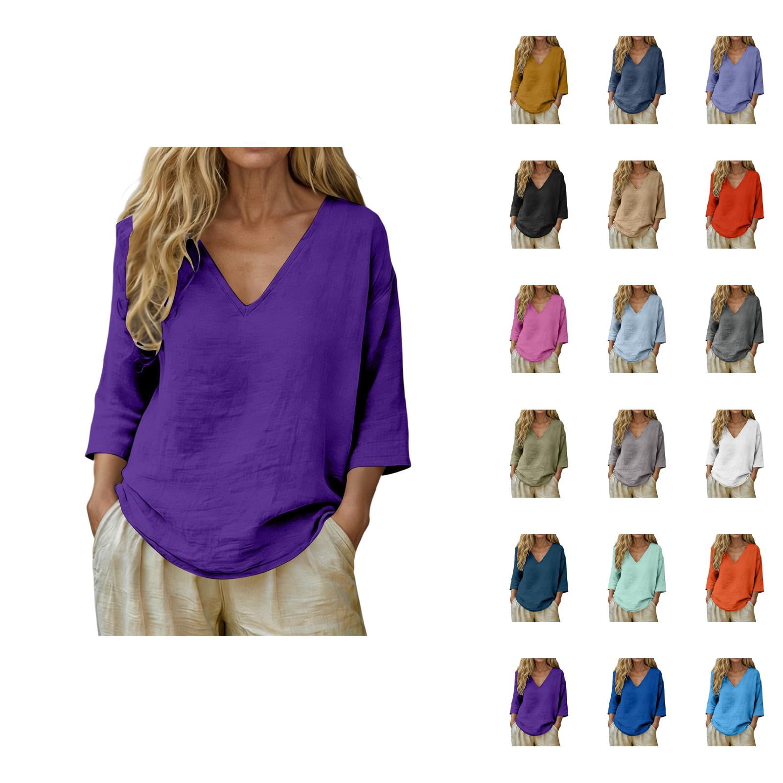 Linen Shirts for Women 2026 Summer 3/4 Sleeve V Neck Casual Loose Plain ...