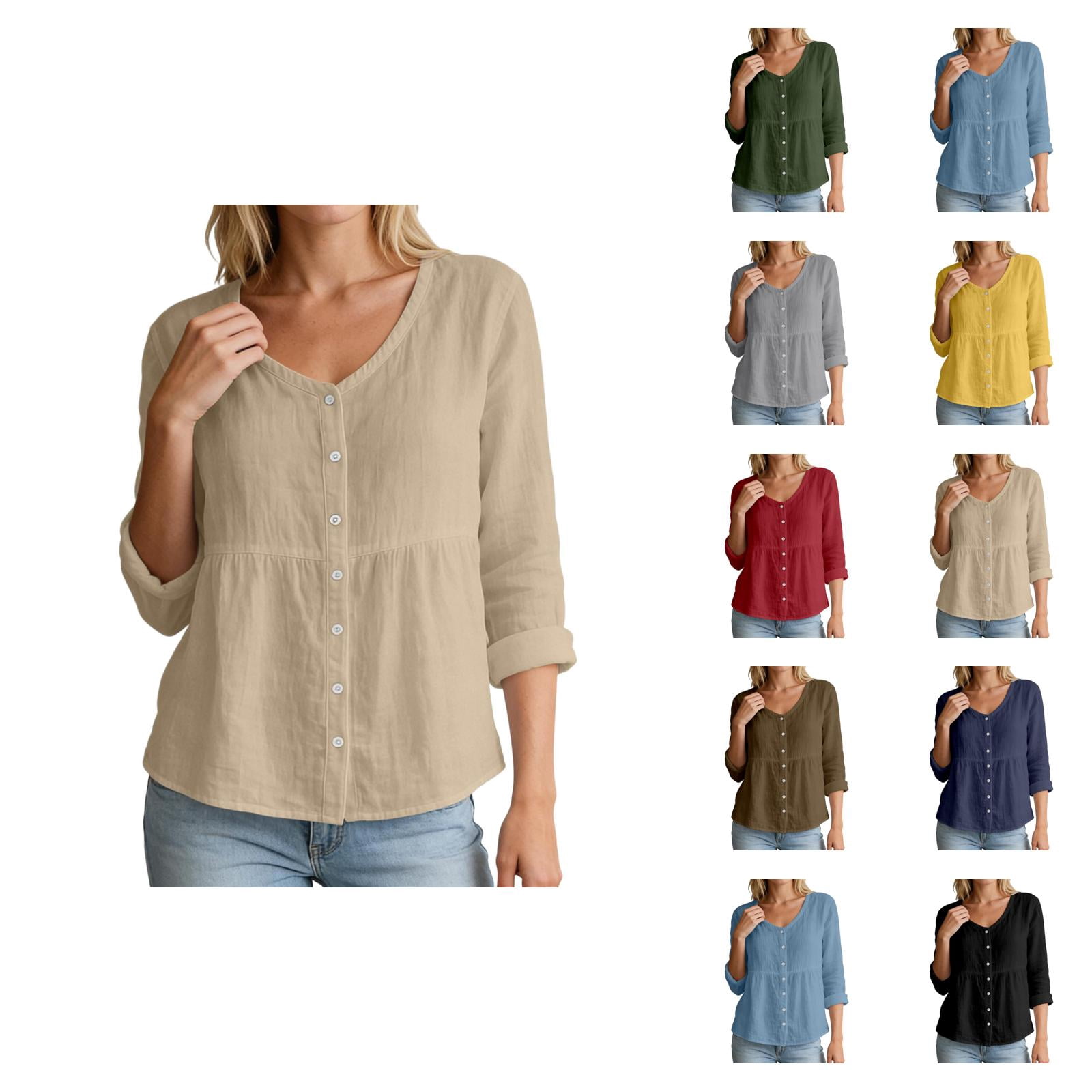 Linen Shirts for Women 2026 Summer Fall Long Sleeve V Neck Button Down ...