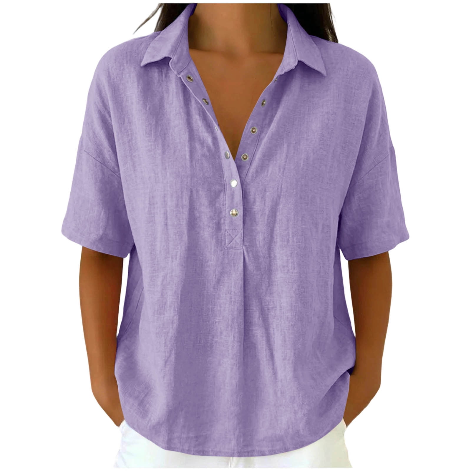 Linen Shirts for Women Loose Fit Cotton Gauze Tops Half Sleeve Button V ...